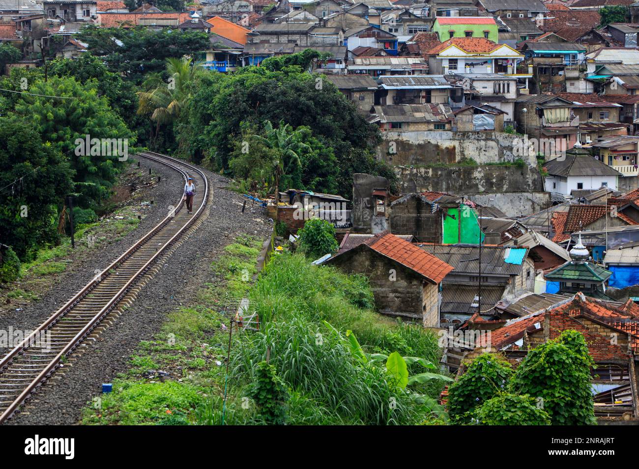 General view of densely populated settlements in Bogor, West Java, on ...