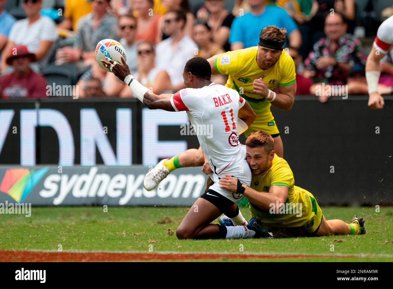 PARRAMATTA, NSW - FEBRUARY 02: Perry Baker of USA passes the ball ...