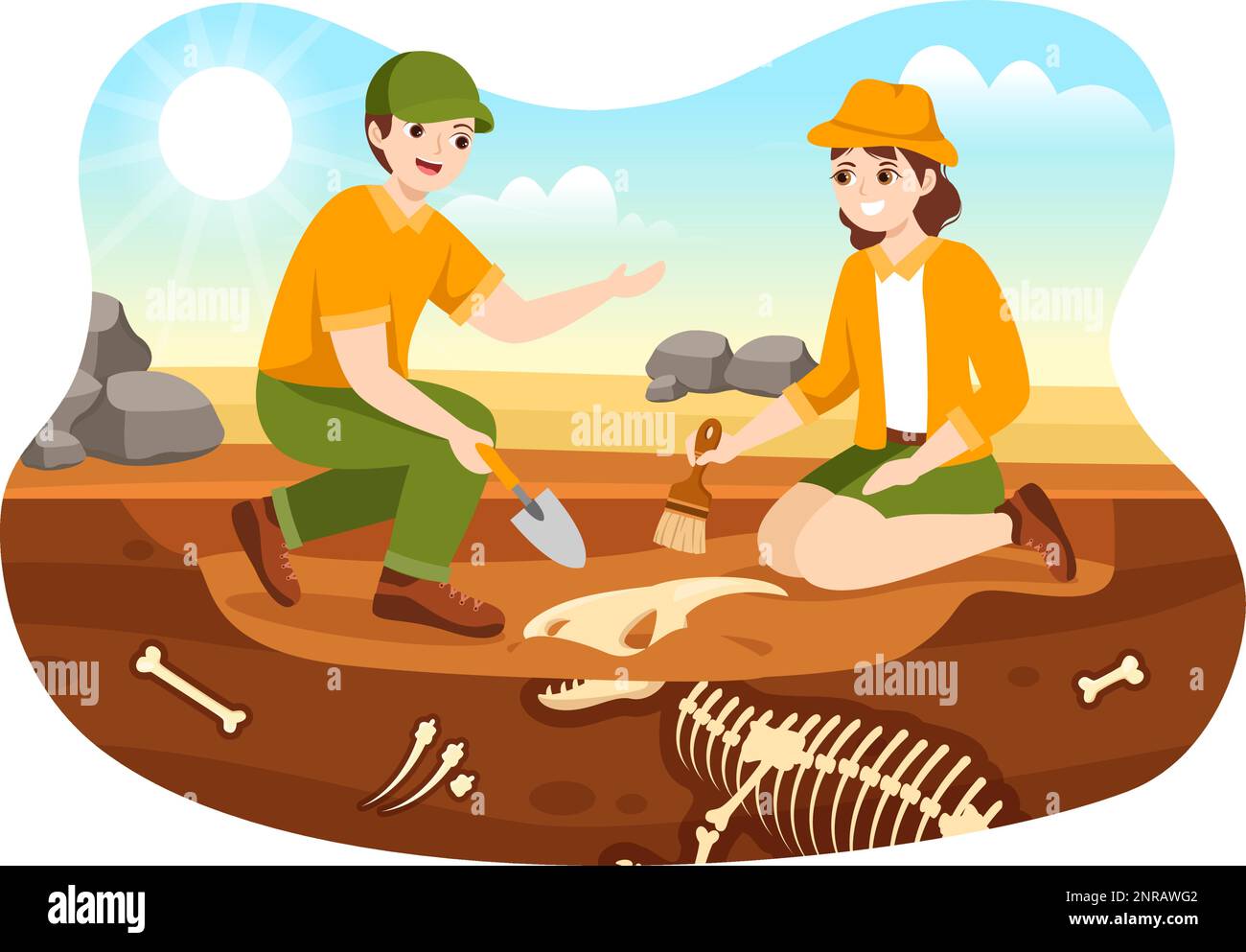 Fossil Illustration with Archaeologists Finds Dinosaurs Skeletons on ...