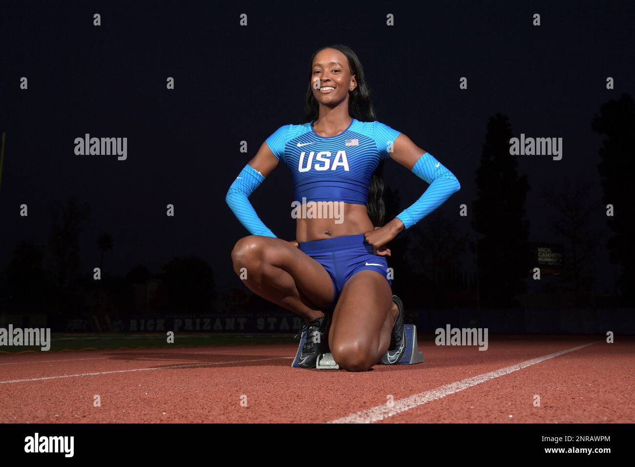Dalilah Muhammad (USA) poses in the starting blocks, Wednesday, Jan. 15 ...