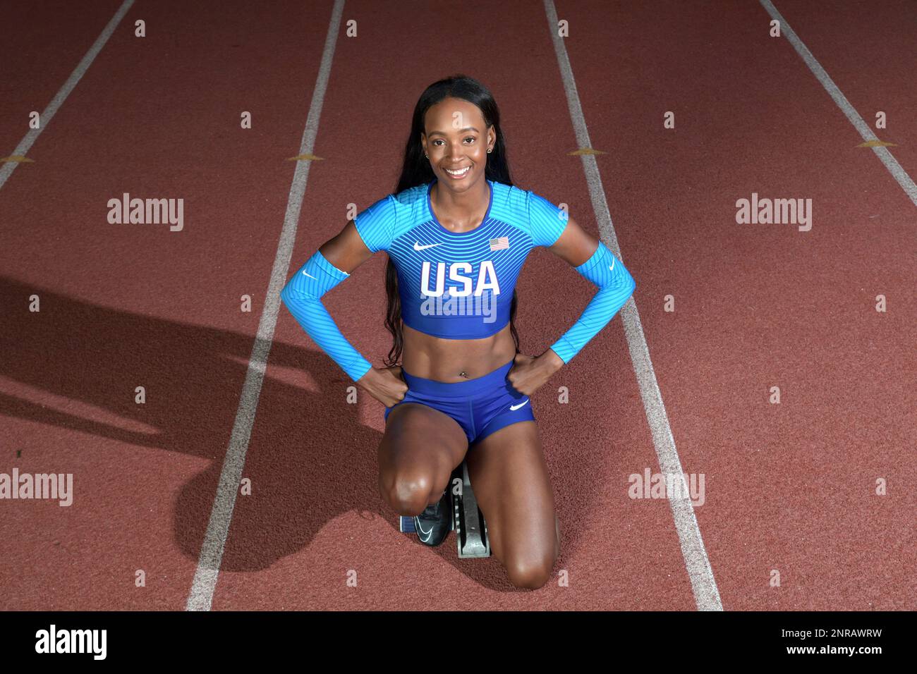 Dalilah Muhammad (USA) poses in the starting blocks, Wednesday, Jan. 15 ...