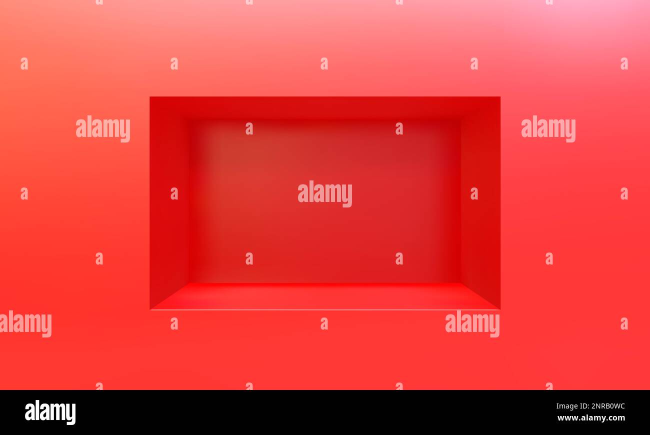 Empty niche or shelf on red wall 3D mockup. Shop, gallery plastic or ...