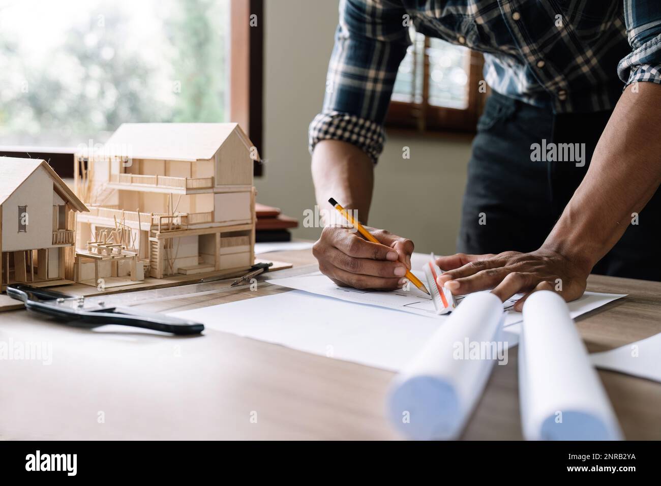 Concept architects, engineer or architect holding pen drawing on ...