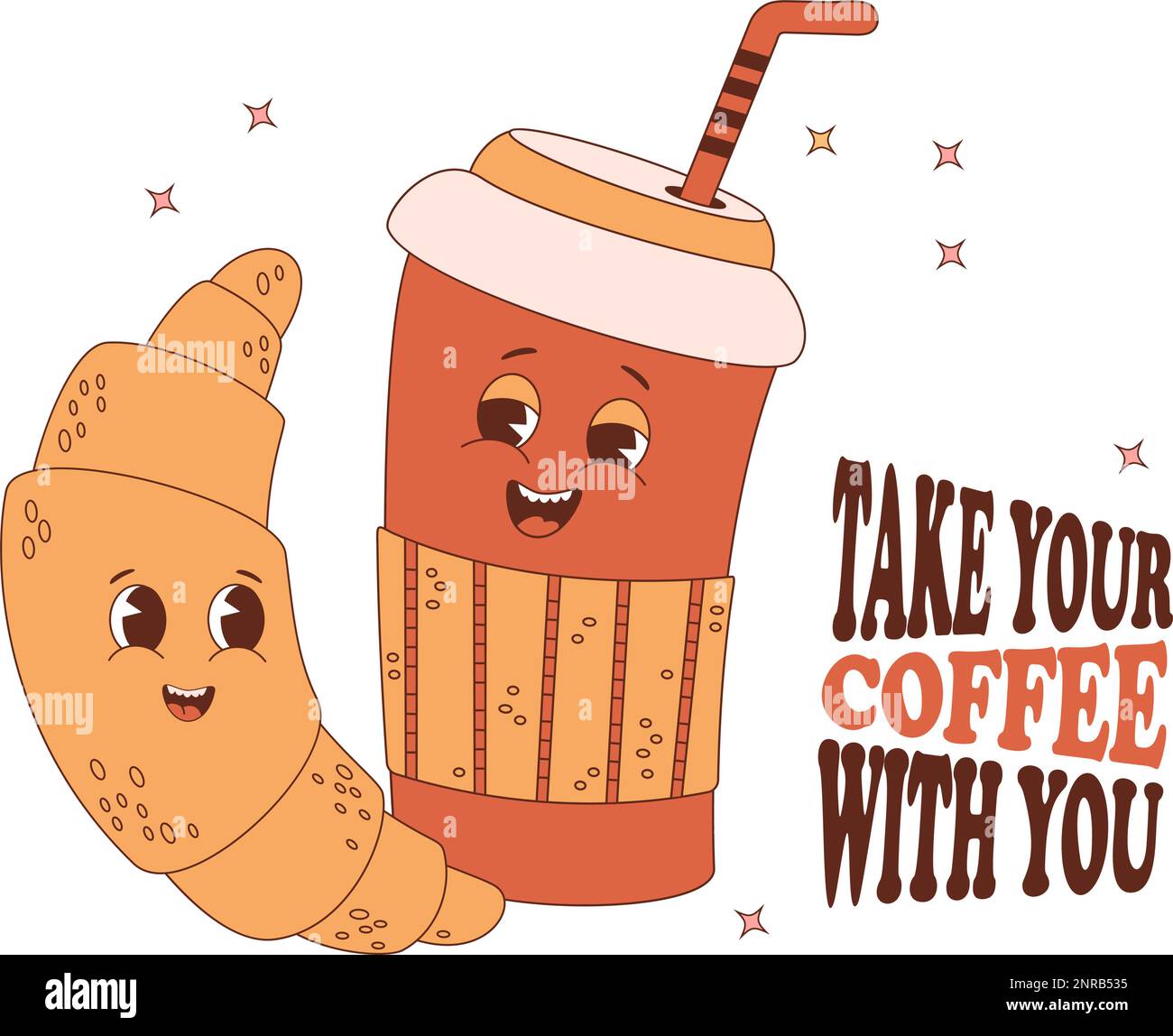 Cute characters Coffee in paper cup takeaway and croissant. Vector ...