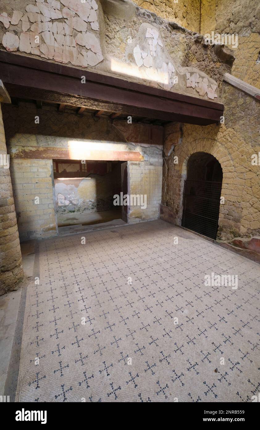 View of a mosaic tile floor and a staircase, steps at Casa del Bel ...
