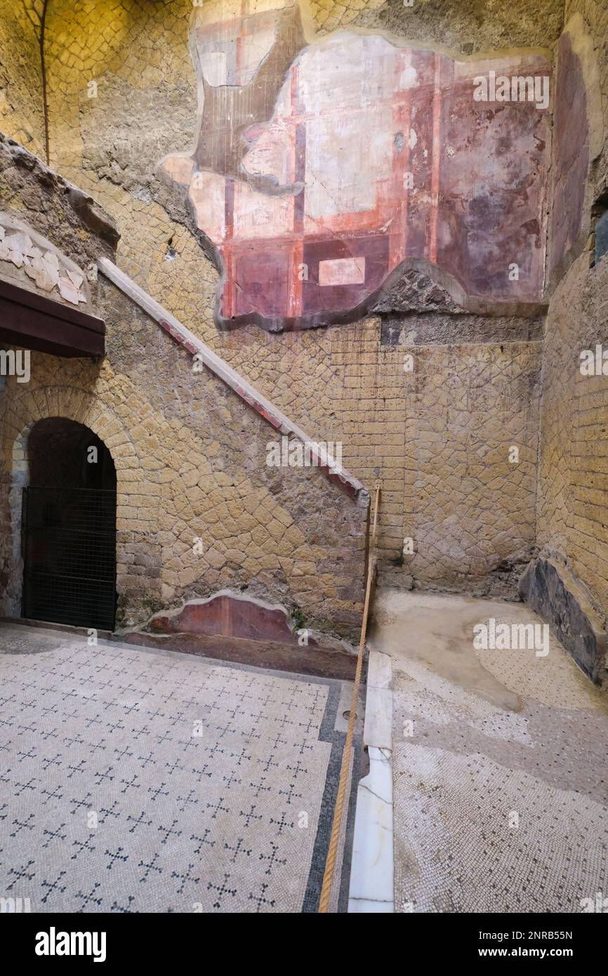 View of a mosaic tile floor and a staircase, steps at Casa del Bel ...
