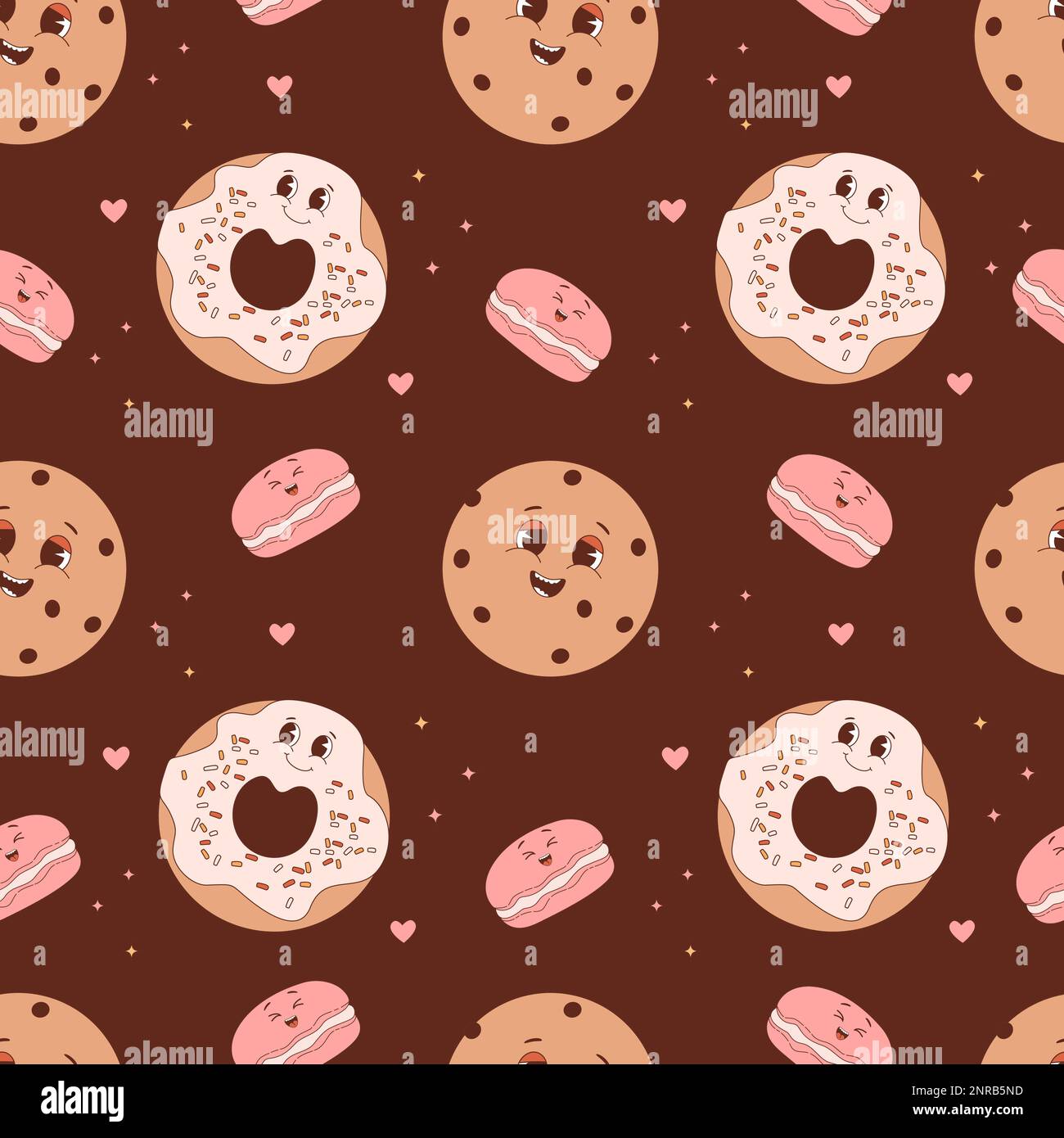 Seamless pattern with cute pastry. Cartoon sweet characters on brown ...