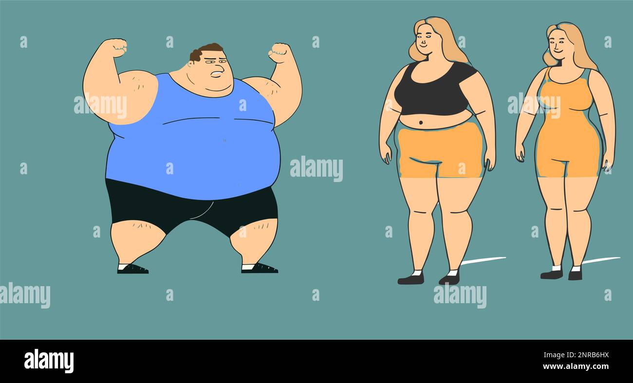 fat man posing in front of two fat women showing off his strength Stock ...