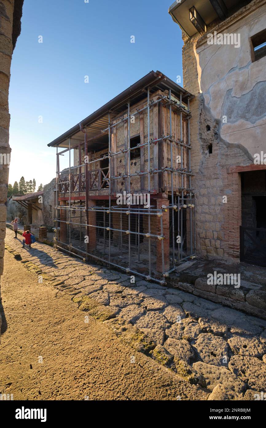 Scaffolding covers the exterior of the Trellis House. At the Roman ruin ...
