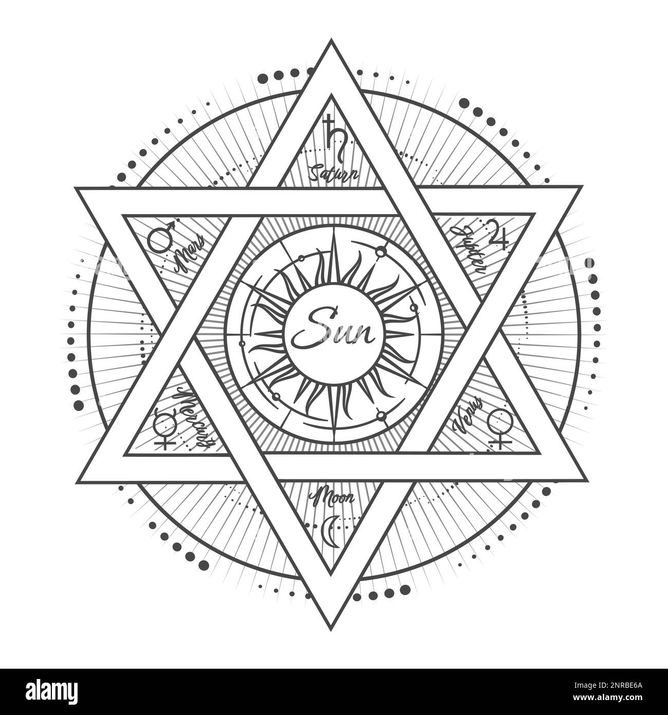 Medieval Emblem of Astrological Hexagram with Planet Symbols isolated ...