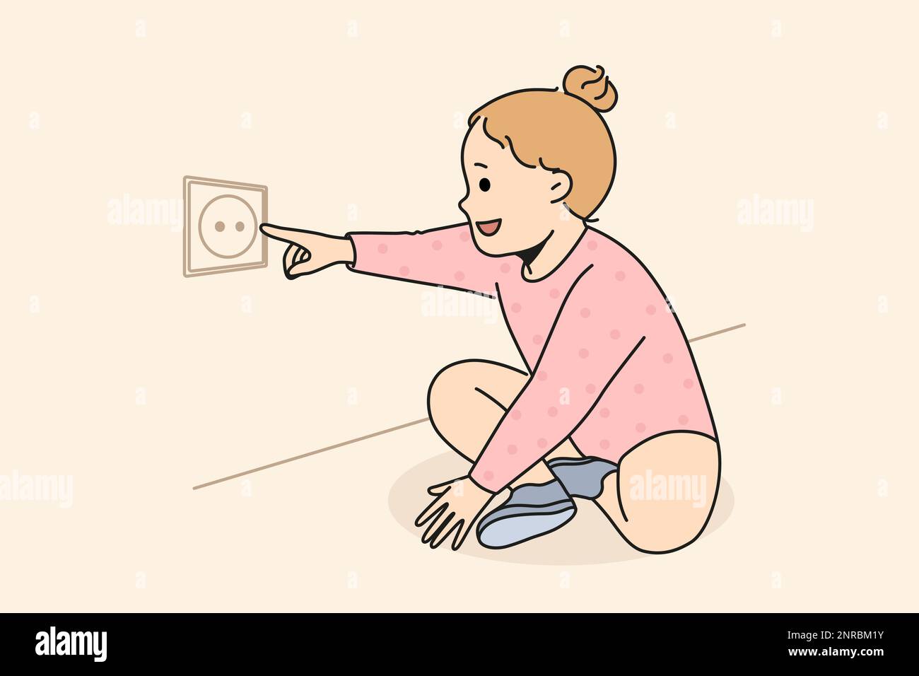 Happy cute girl child stretch finger to electrical socket at home ...