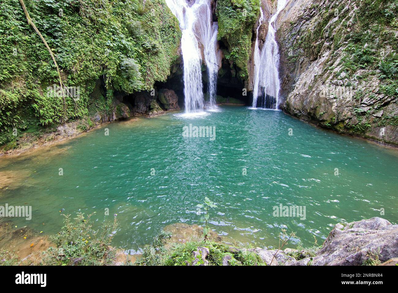 Tropical waterfall in the middle of the jungle with two streams flowing ...