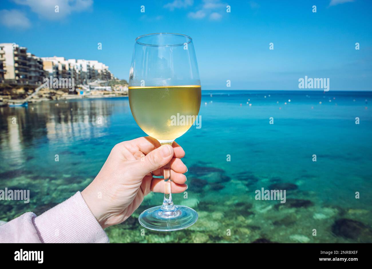 Close up view of woman hand holding glass of white wine with beautiful ...