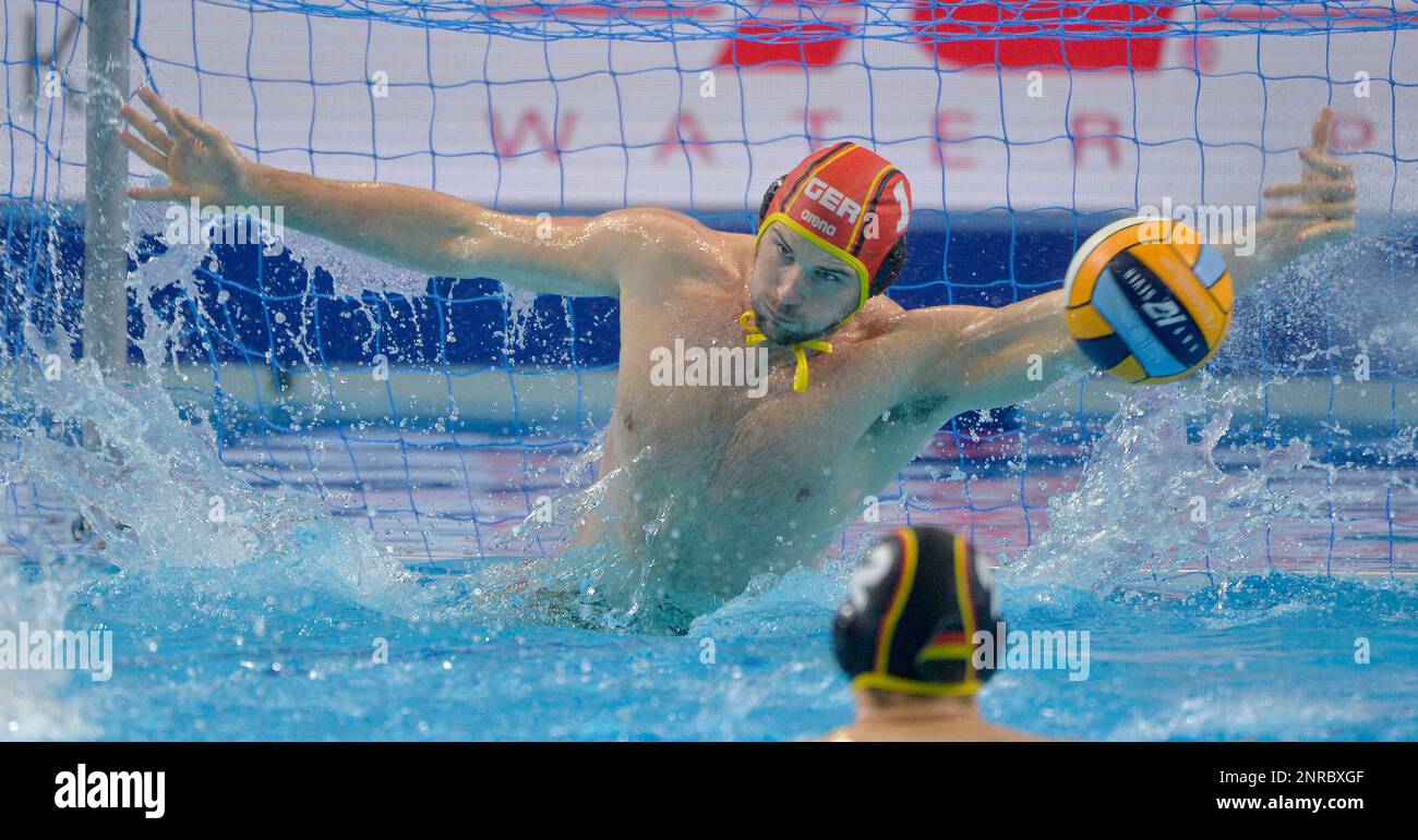 Goalie Moritz Schenkel of Germany makes a save during the men's ...