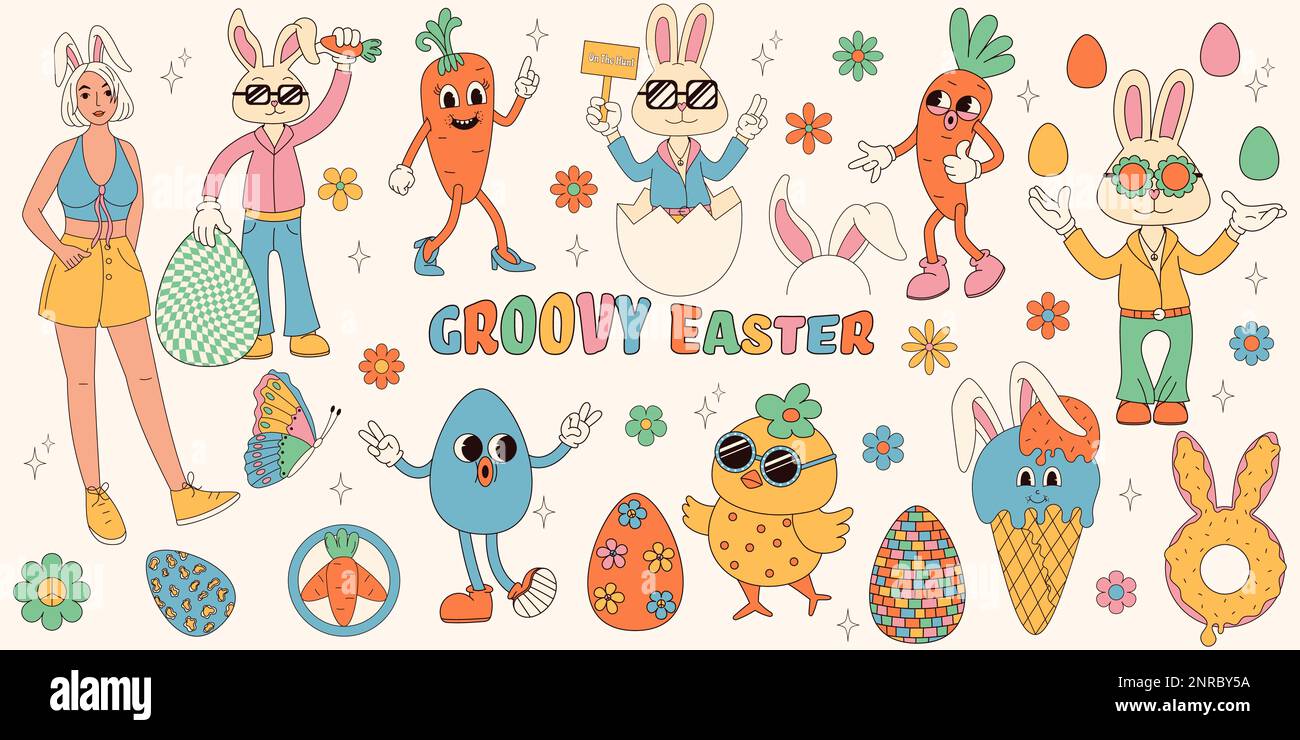 Groovy hippie Happy Easter set. Easter bunny, eggs, butterflies ...