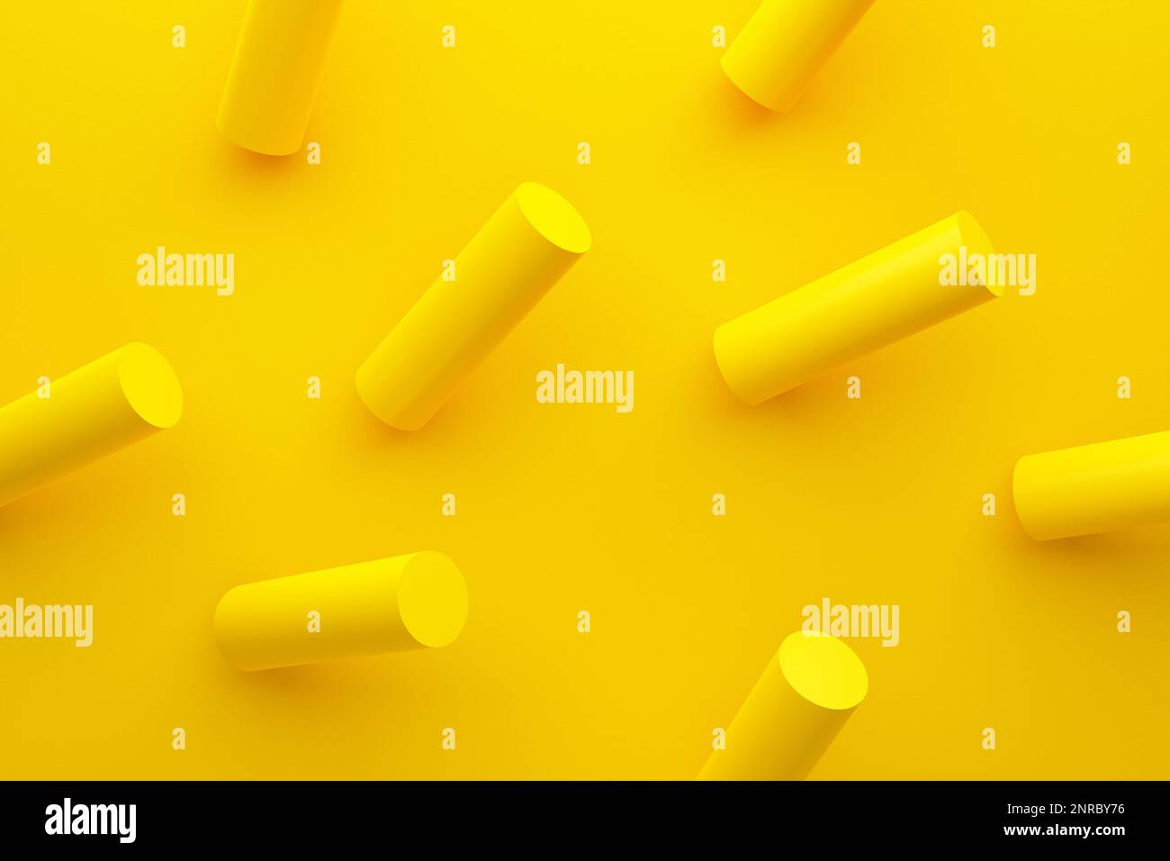 Levitating cylinders on yellow background. Abstract 3d rendering of ...