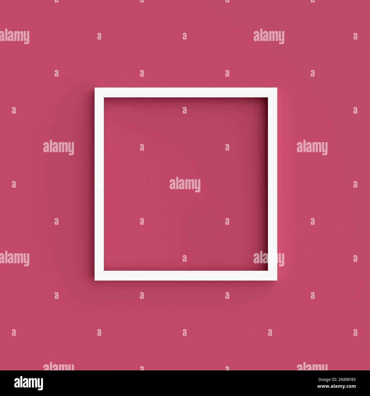 White, square shape, blank picture frame hanging on viva magenta wall ...