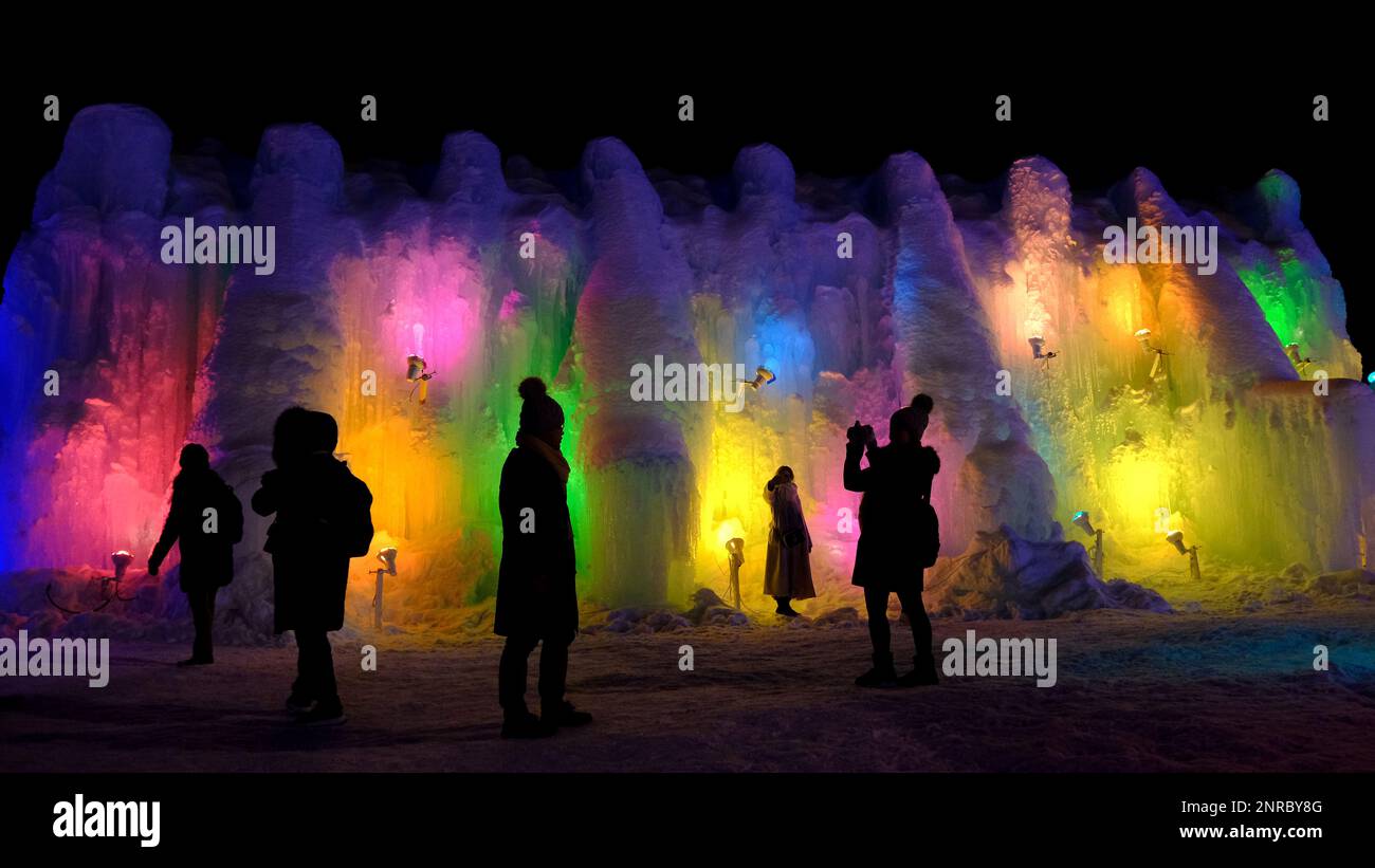 People enjoy snow statues, ice pillars, ice tunnels, ice domes and ice ...