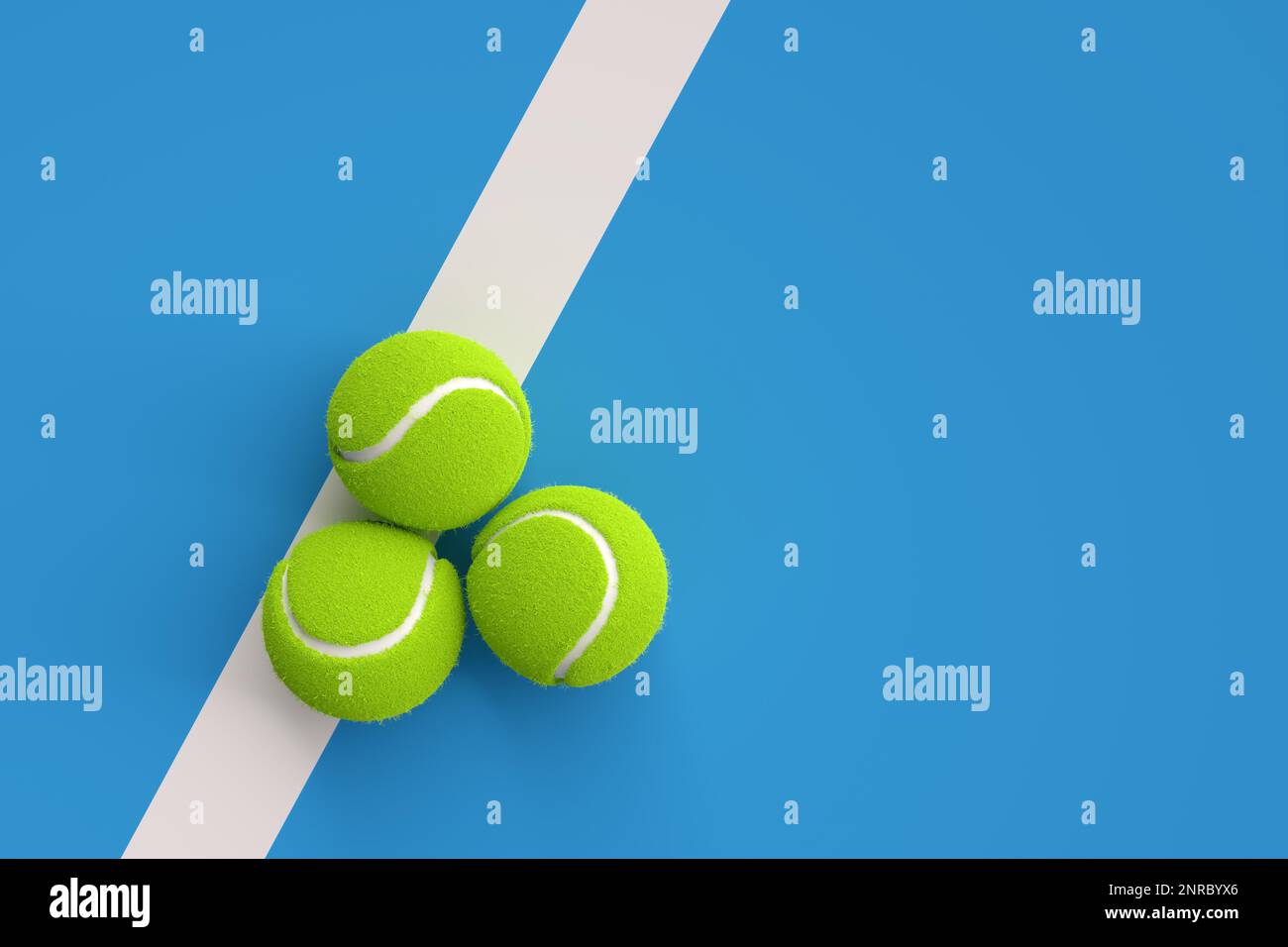 Three tennis balls on the court line or side line on blue background ...