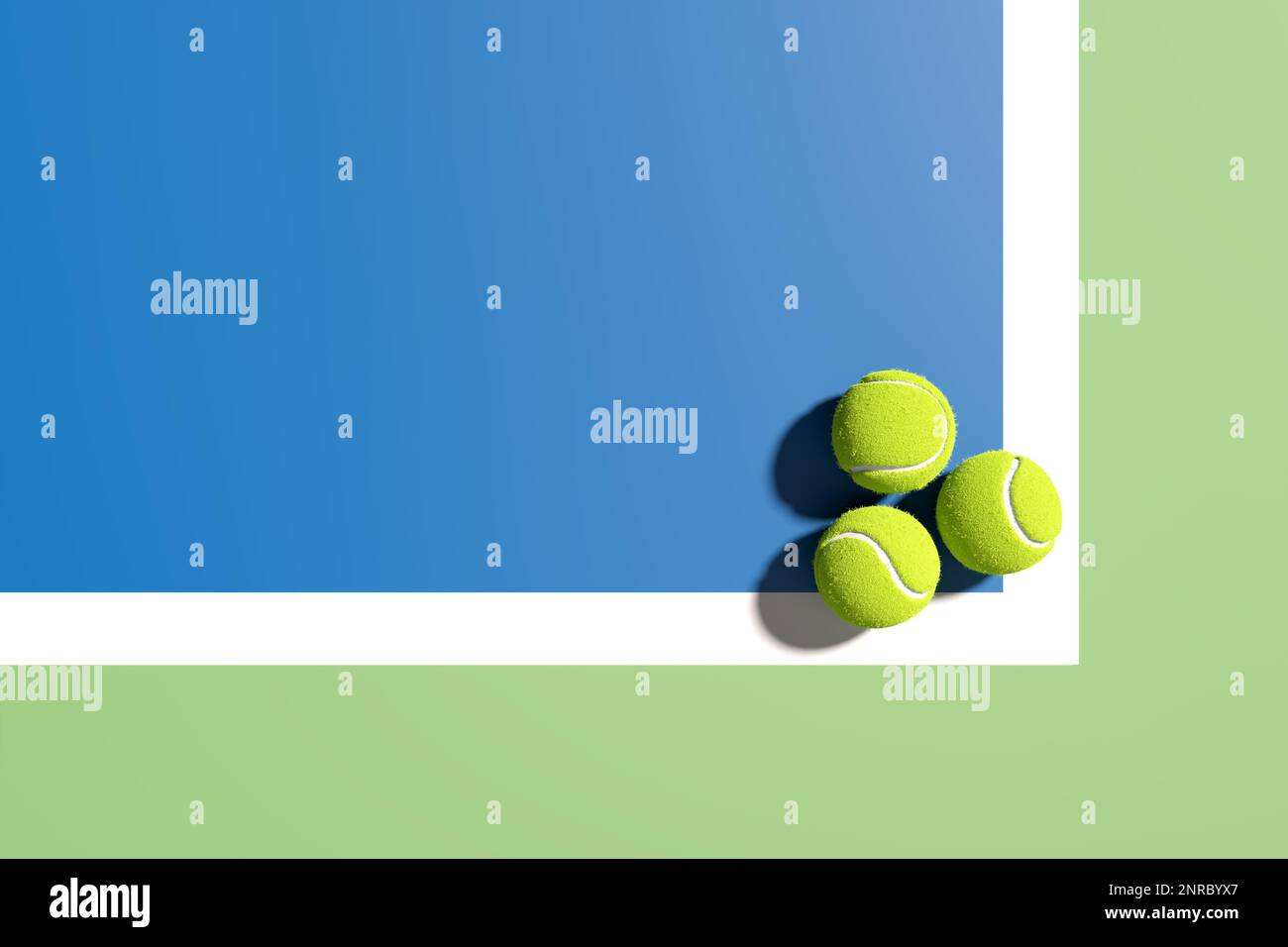 Three tennis balls at the corner of the lines on blue tennis court. 3D ...
