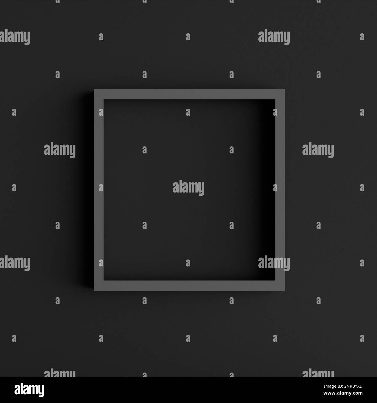 Black, square shape, blank picture frame hanging on black wall ...