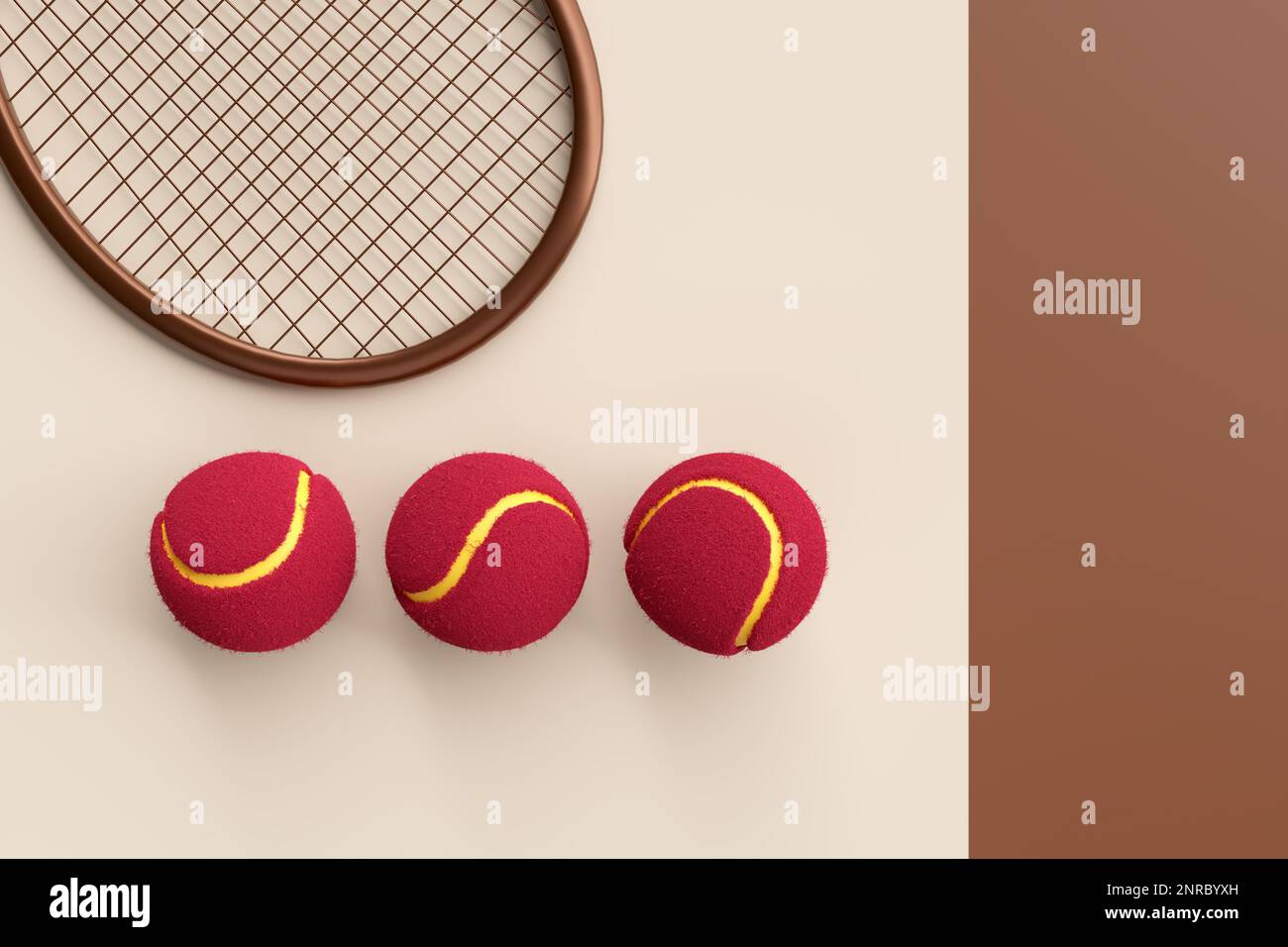 Three viva magenta colored tennis balls and a brown tennis racket on ...