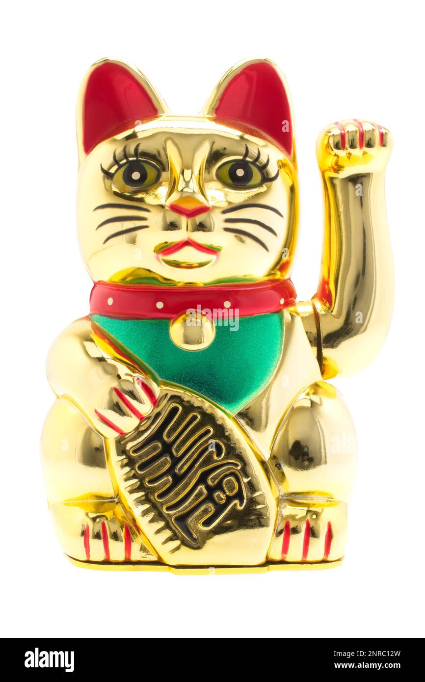 Gold Maneki Neko beckoning cat on white background Stock Photo - Alamy