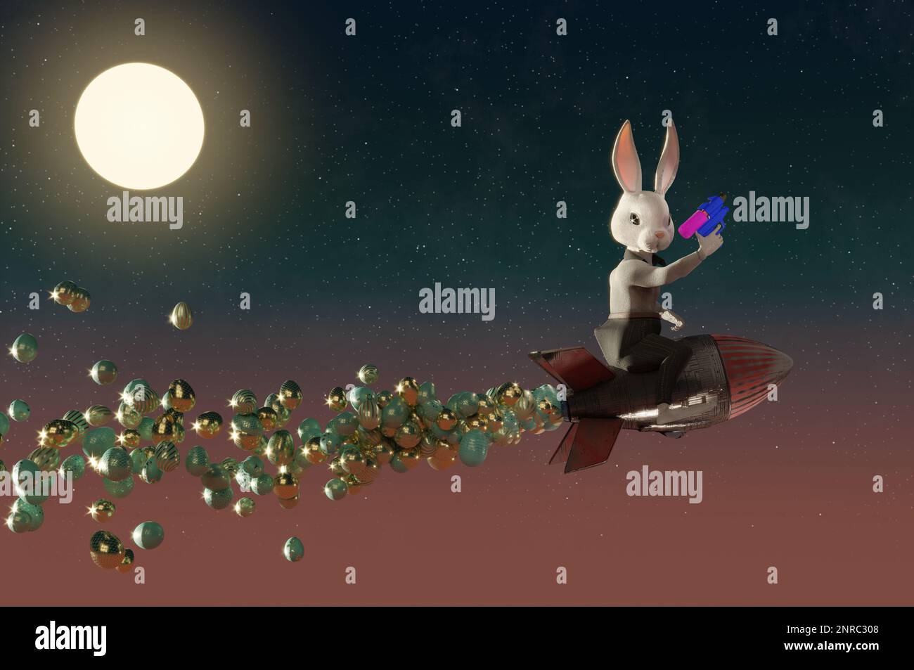 3D Illustration , Bunny Rocket Easter Design. Cute Rabbit flying to sky ...