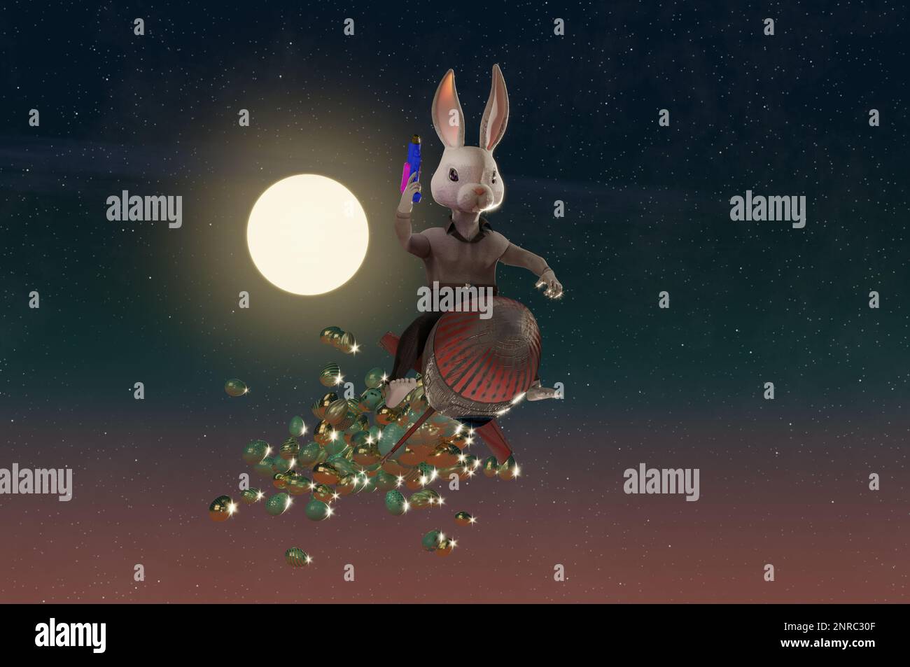 3D Illustration , Bunny Rocket Easter Design. Cute Rabbit flying to sky ...