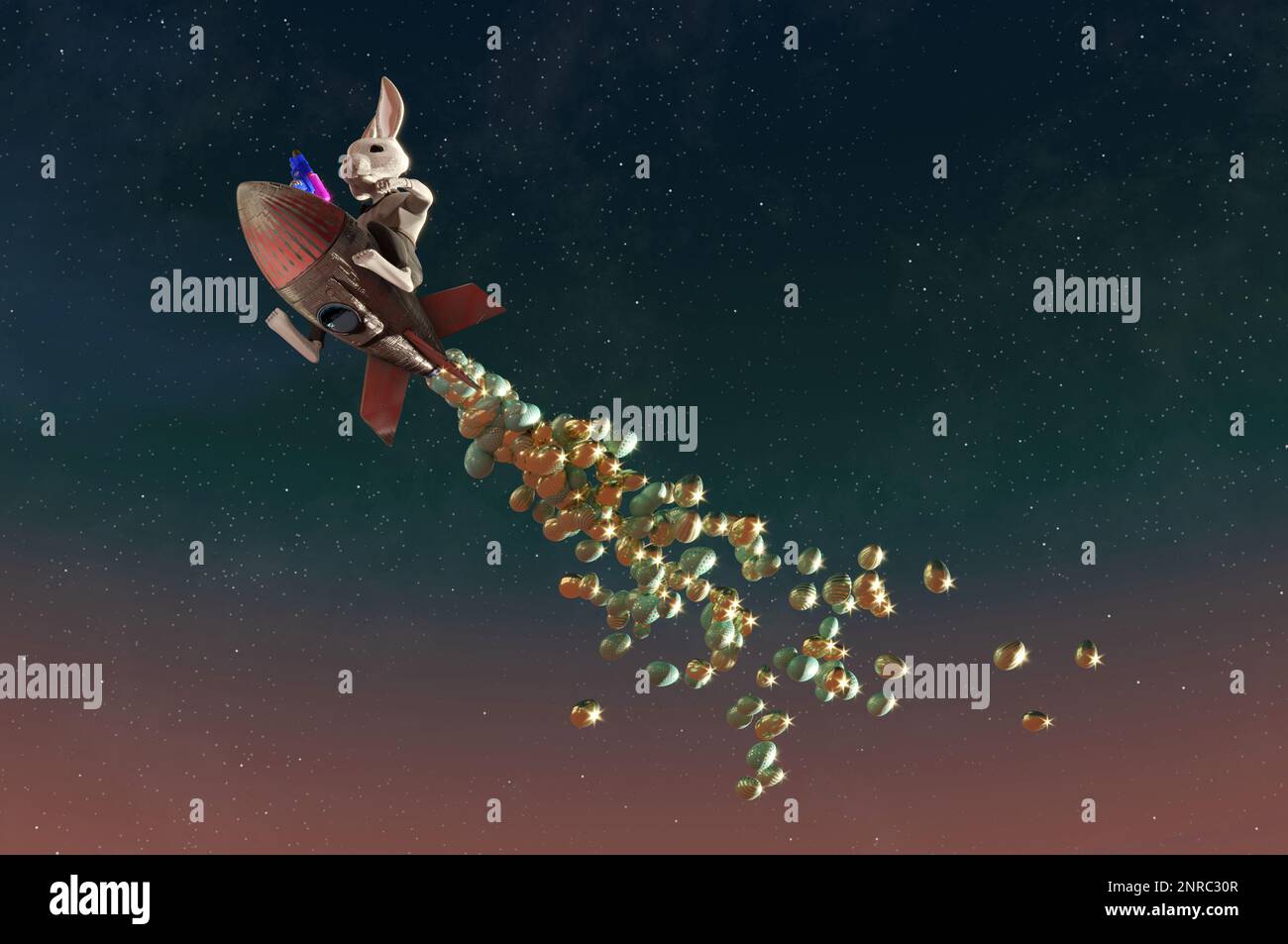 3D Illustration , Bunny Rocket Easter Design. Cute Rabbit flying to sky ...