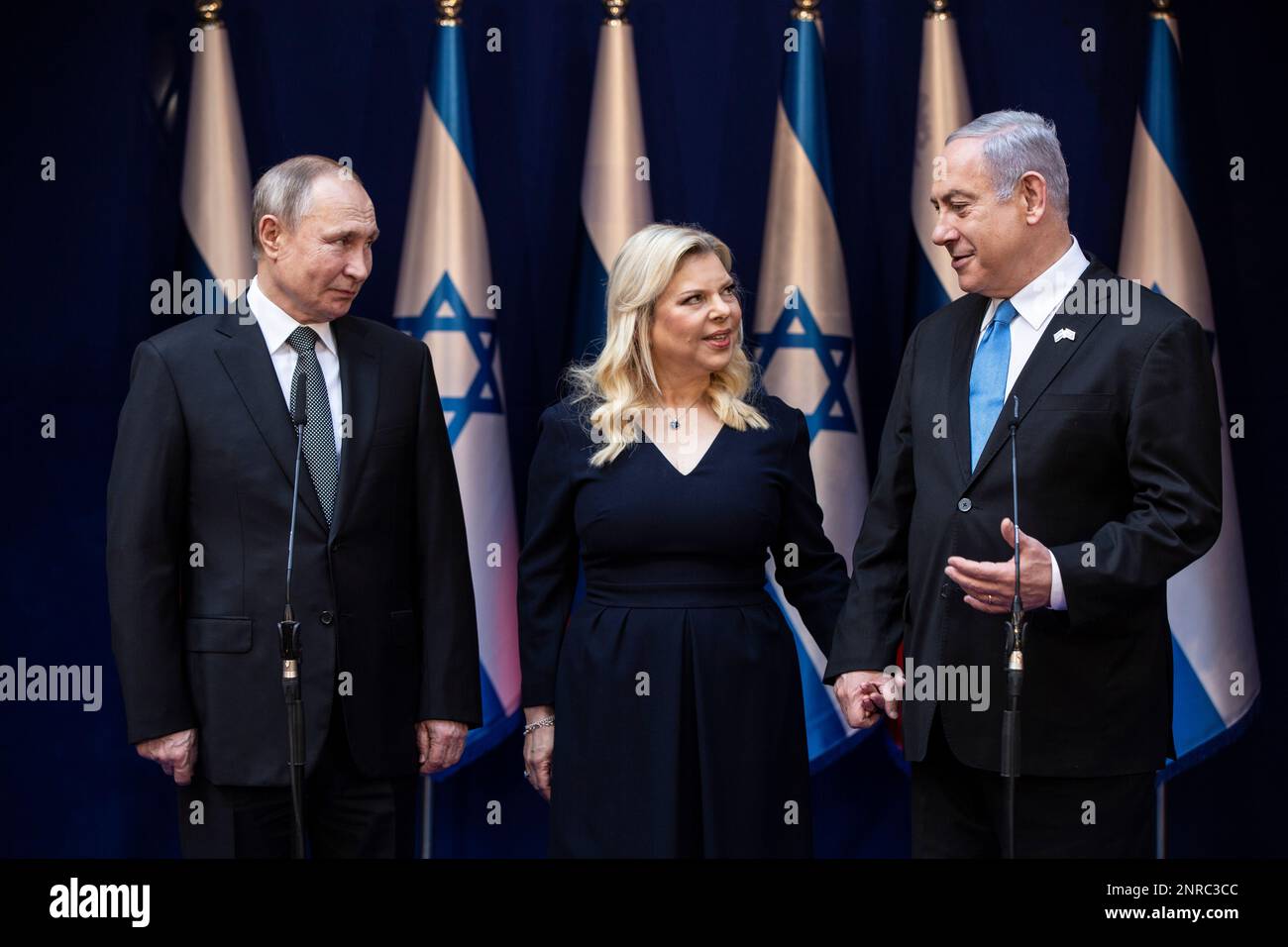 Israeli Prime Minister Benjamin Netanyahu and his wife Sarah stand with ...
