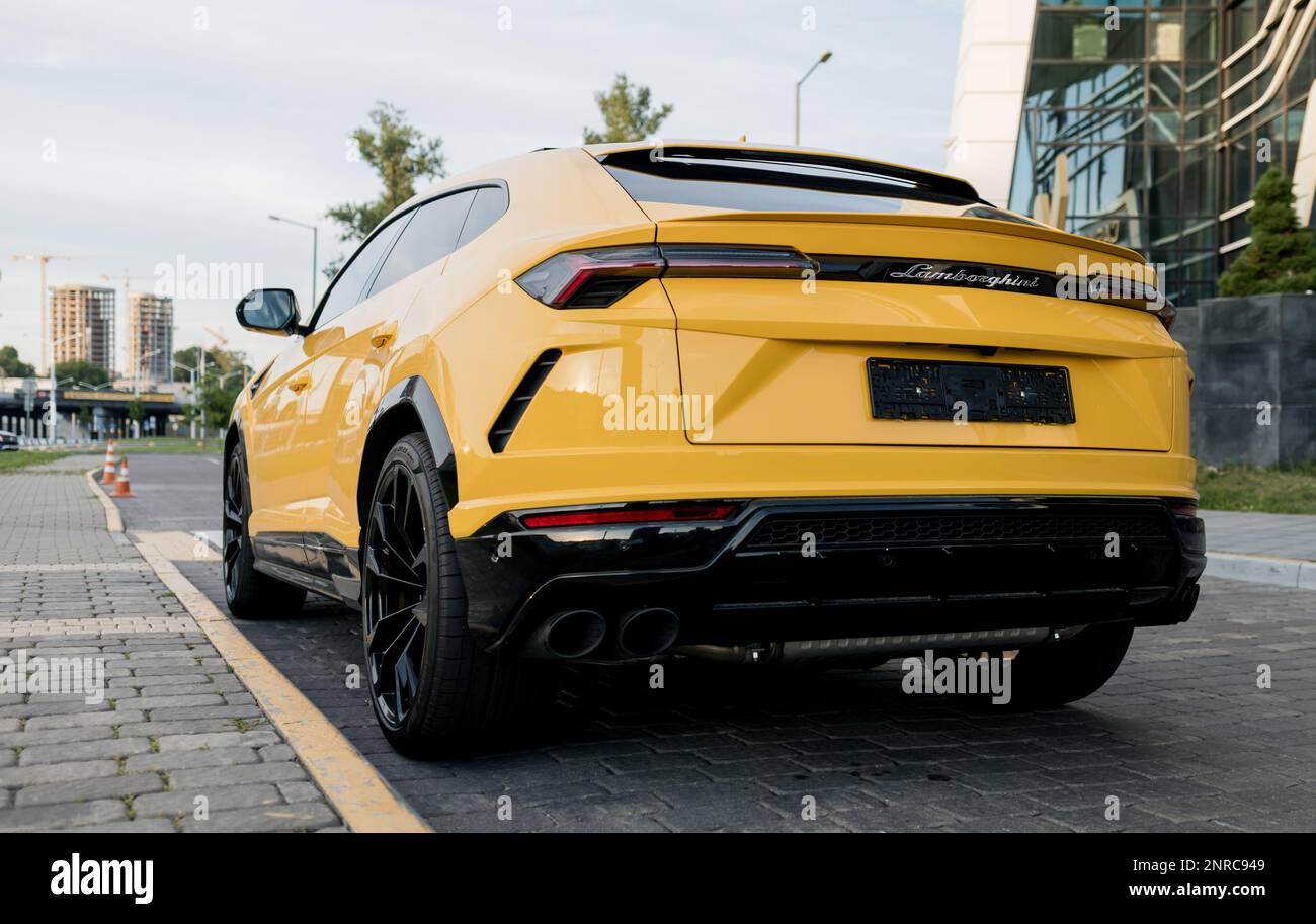 Minsk, Belarus, February 2023 - Back lights in yellow Lamborghini Urus ...