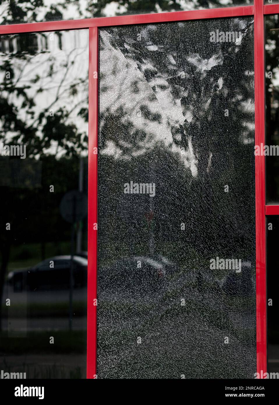 broken glass office building. crack in window. vandalism Stock Photo ...
