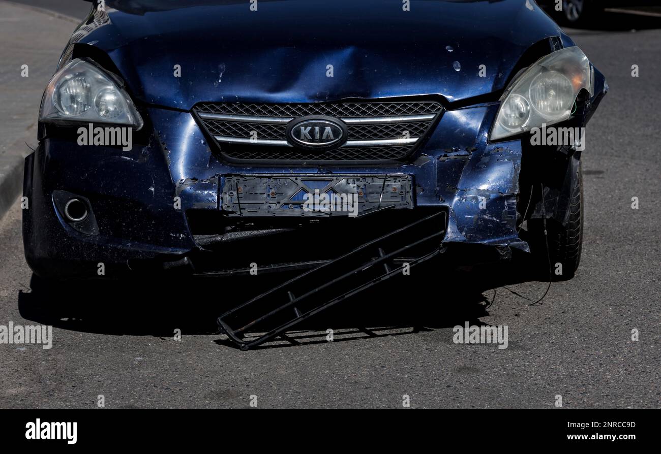 Minsk, Belarus, February 2023 - old rusty kia blue car is parked in ...