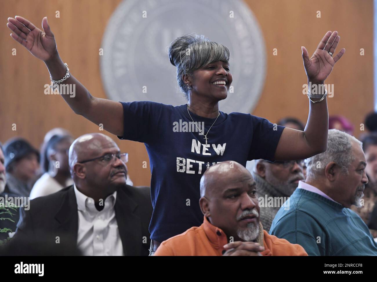 Pamela Gibson rejoices as the Destiny Church Praise Team sings at the ...