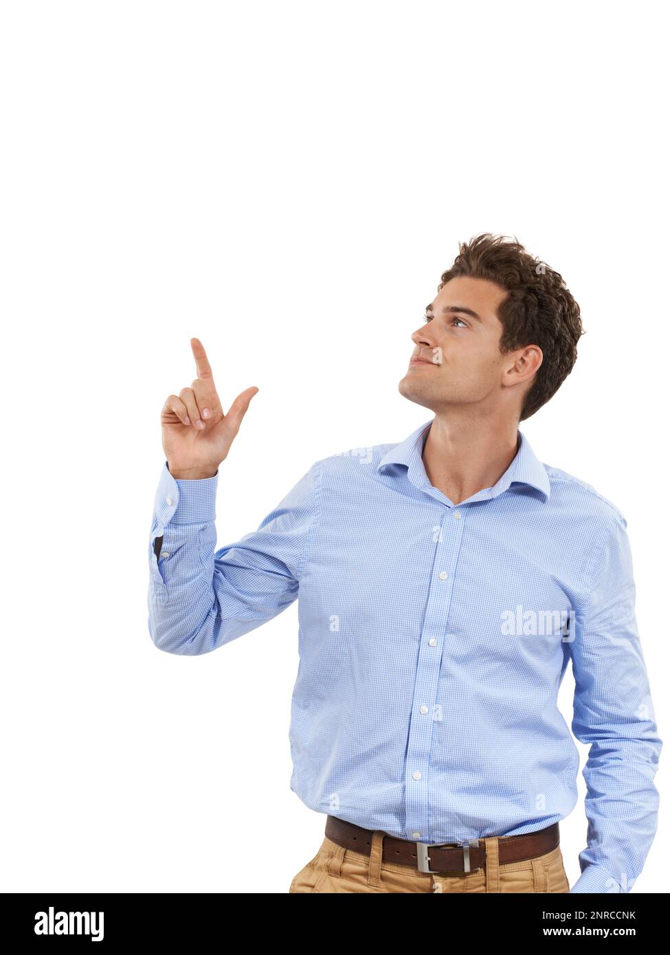 Mockup, space and business man pointing up at product placement for ...