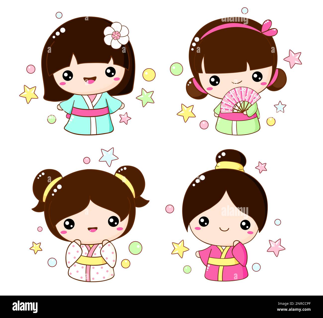 Set of cute little girls in kawaii style. Hanami season collection of ...