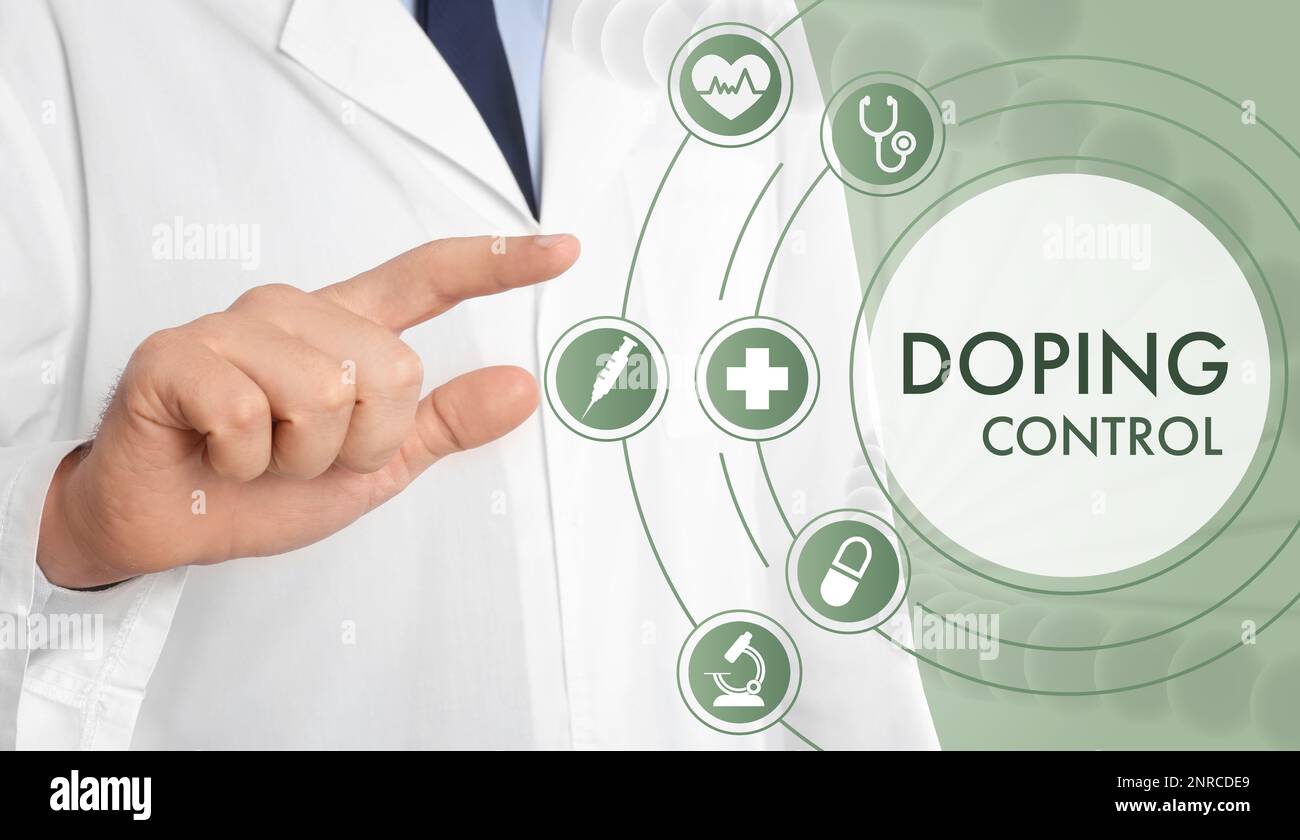 Doping control. Doctor pointing at virtual chart with icons on color ...