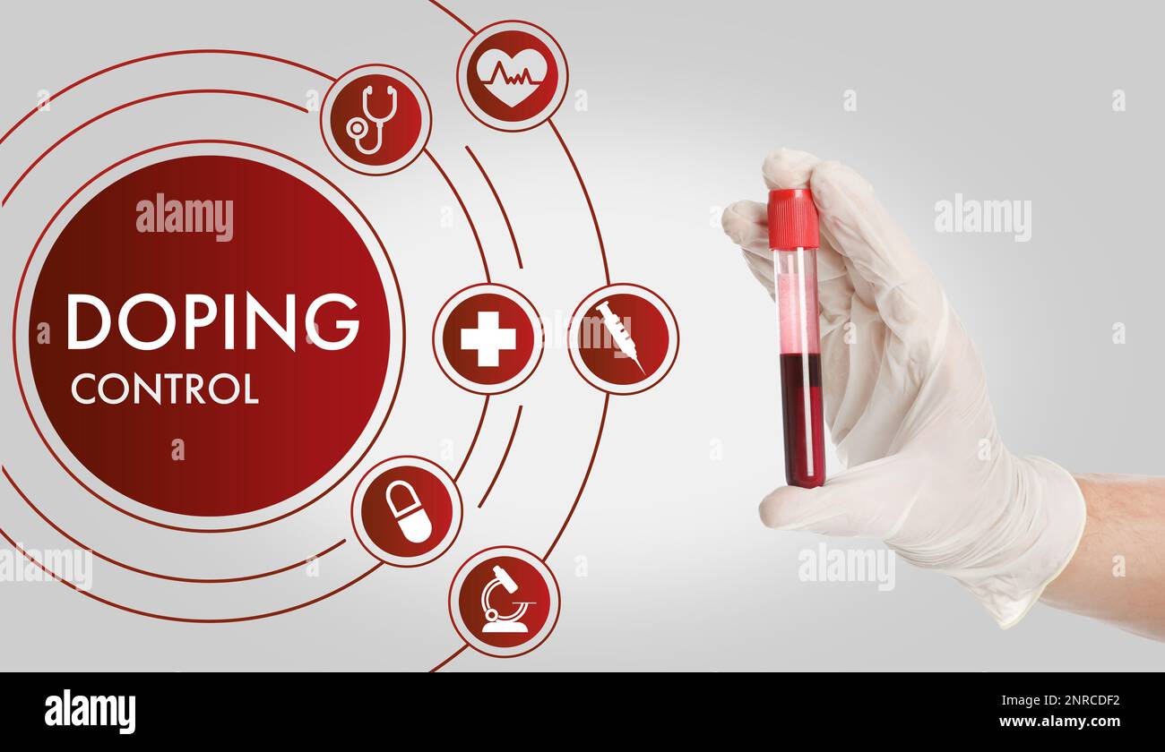 Doping control. Virtual icons and scientist holding test tube with ...