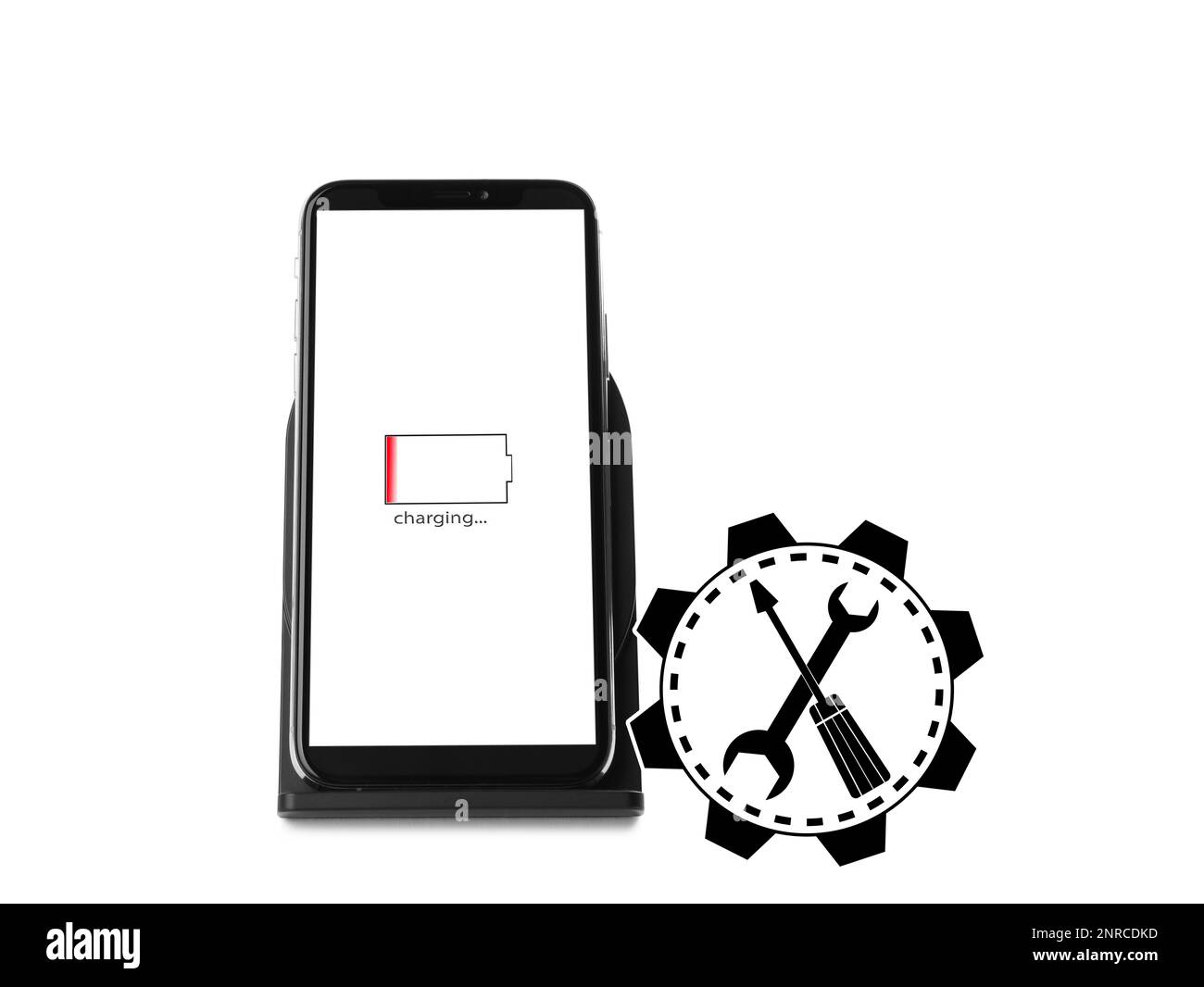 Repairing service. Modern smartphone with illustration of low battery ...