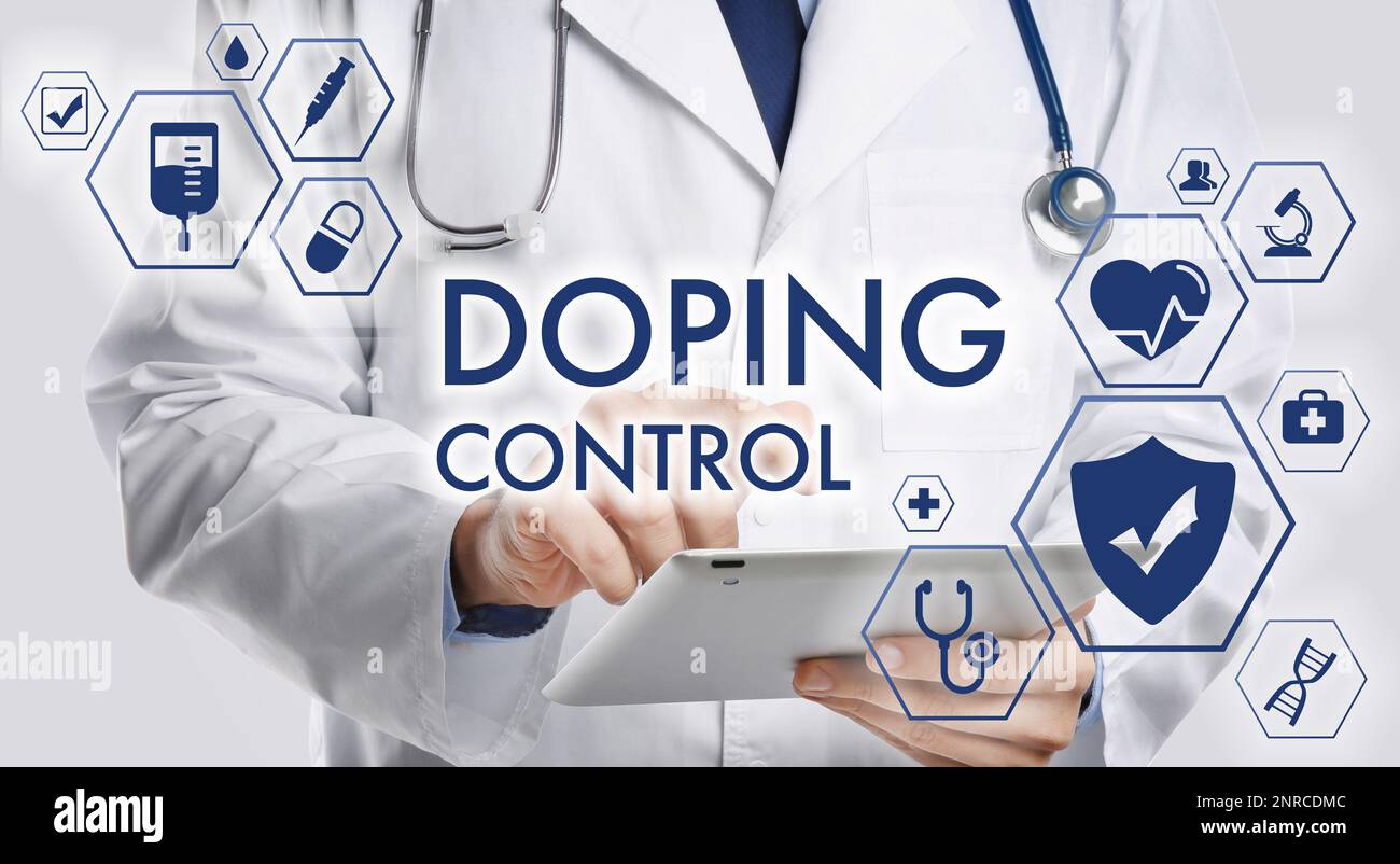 Doping control. Virtual icons and doctor with tablet on light ...