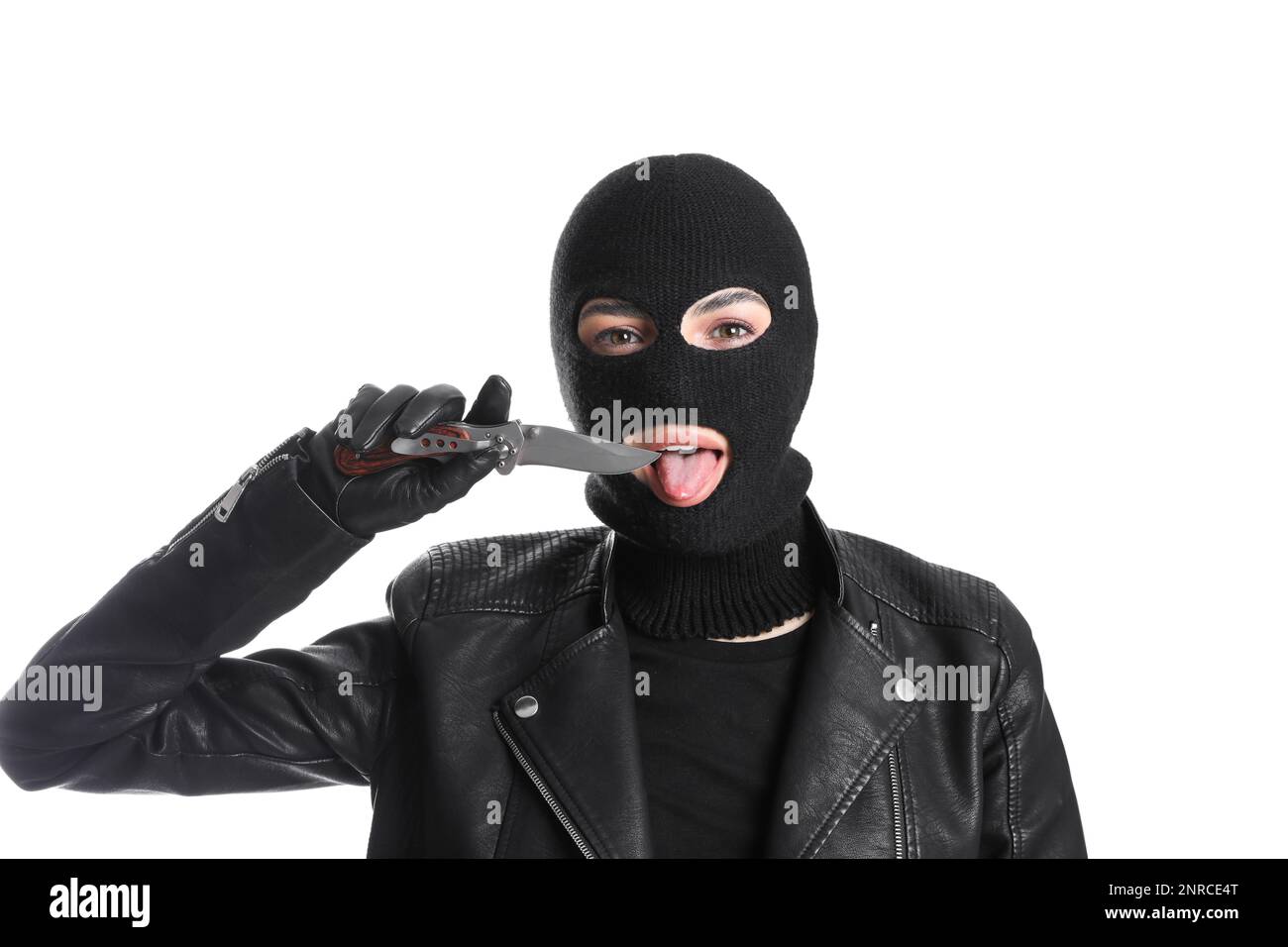 Woman wearing knitted balaclava with knife on white background Stock ...