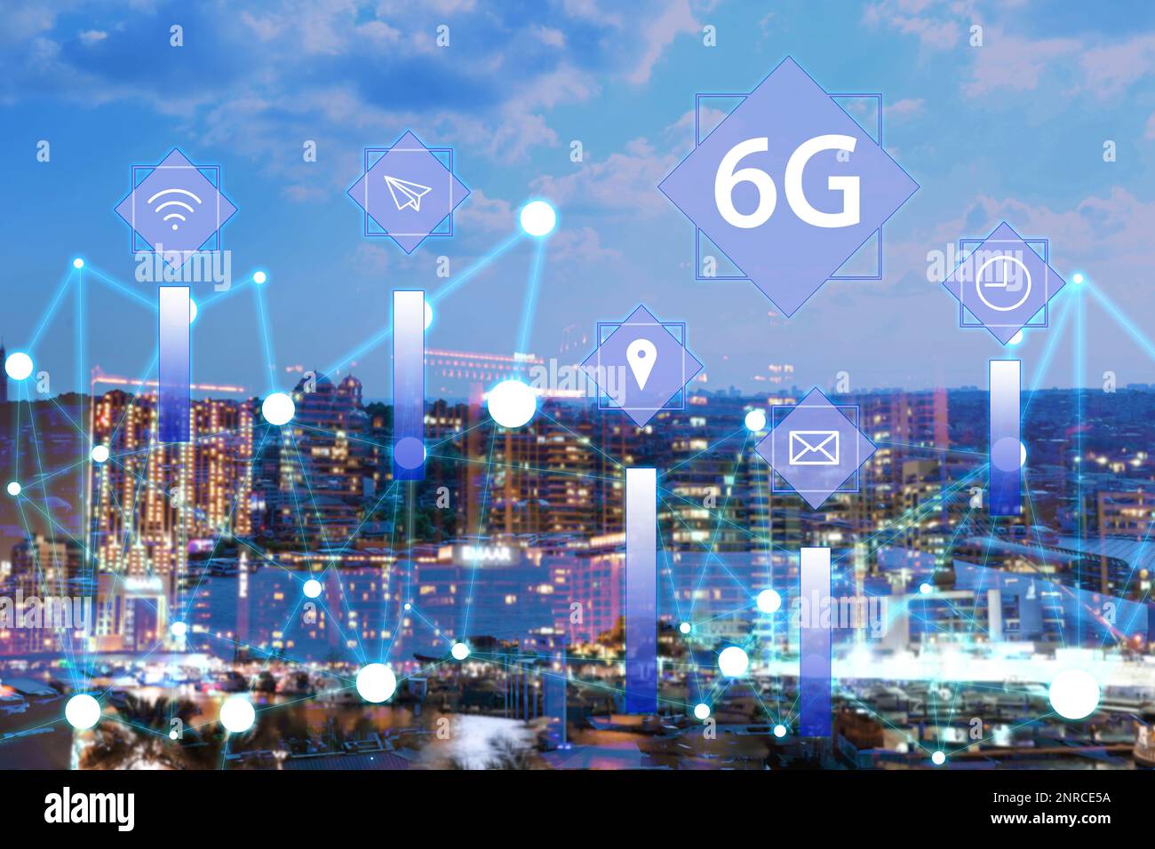 6G network wireless system. Beautiful cityscape and network connection ...