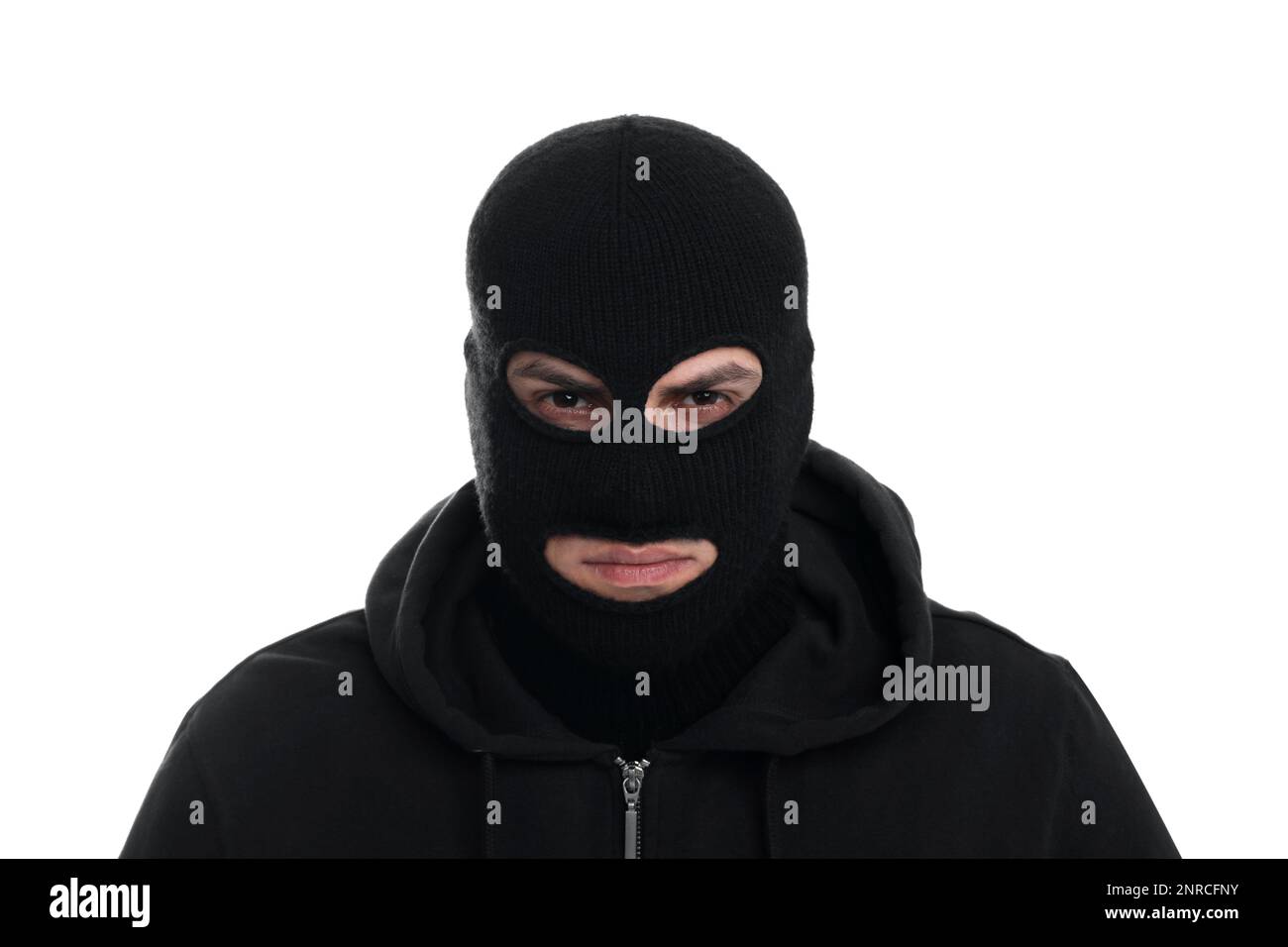 Man wearing black balaclava on white background Stock Photo - Alamy