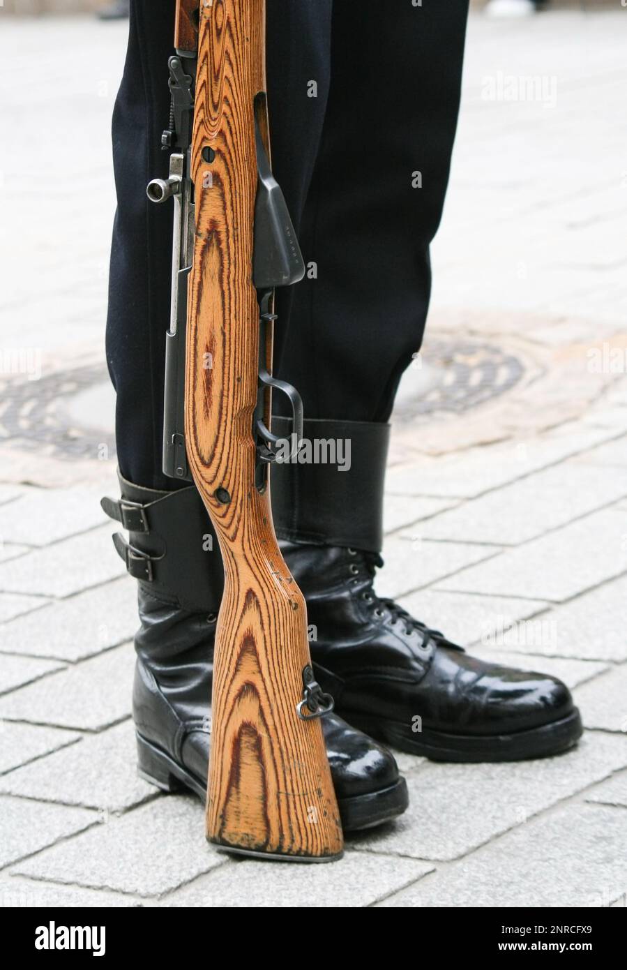 Low part of polish border guard member in full dress uniform standing ...