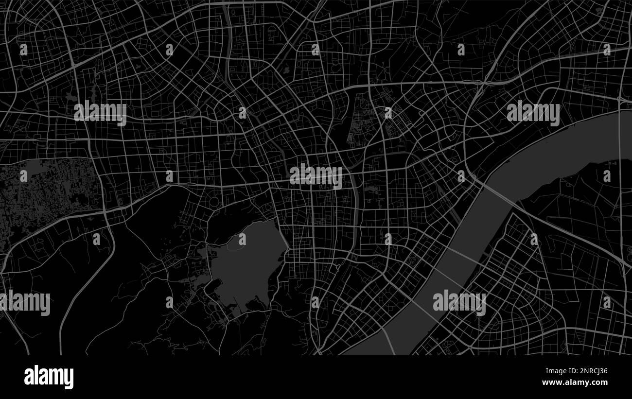 Dark black Hangzhou city area vector background map, roads and water ...