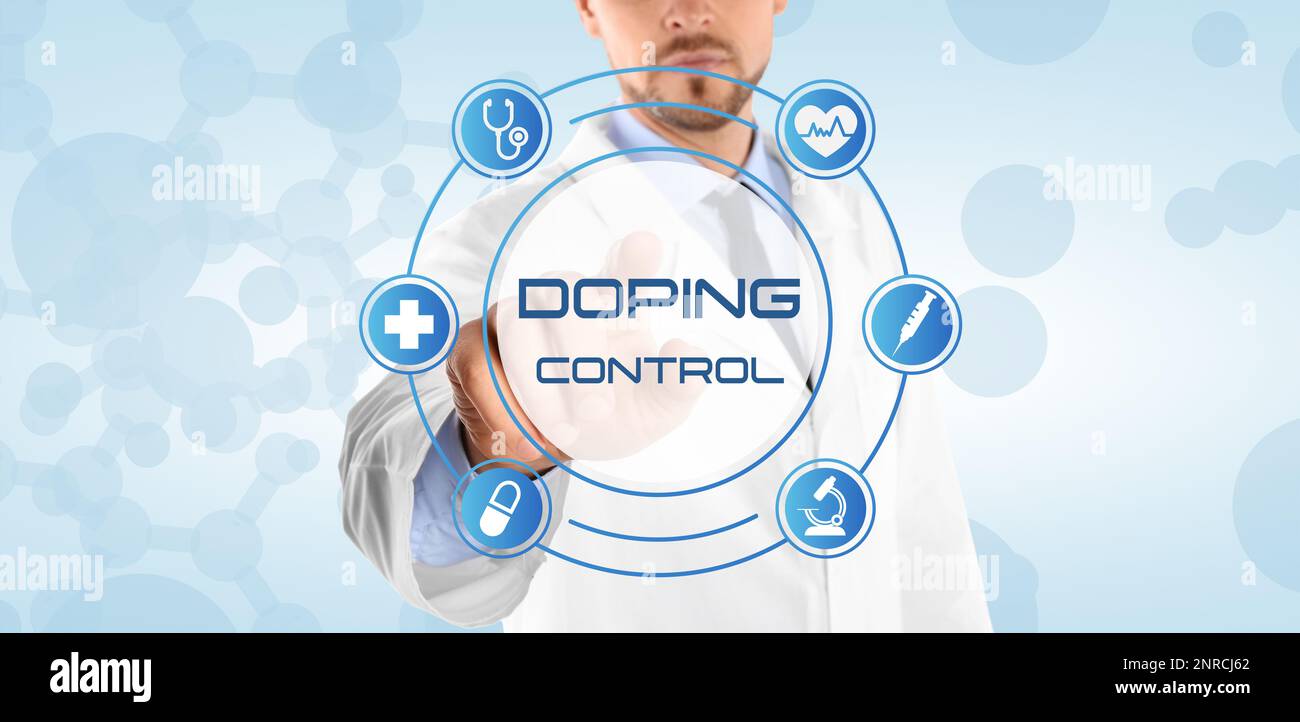 Doping control. Doctor pointing at virtual chart with icons on light ...