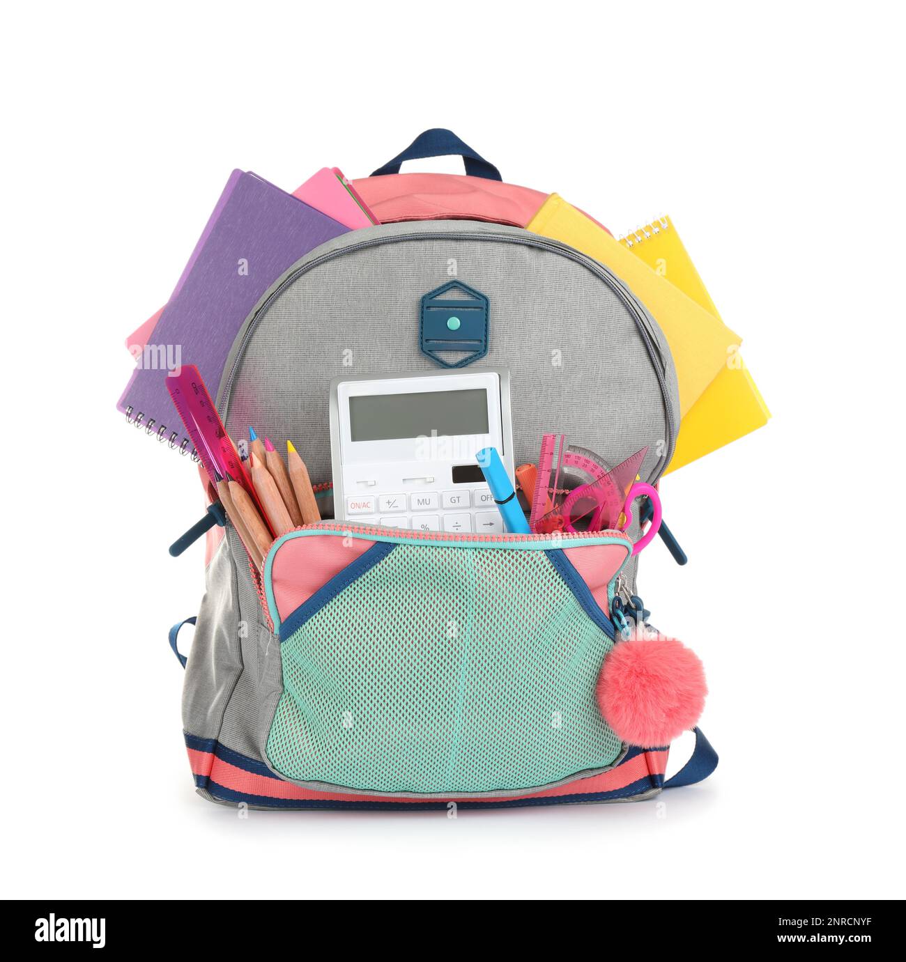 Color backpack with different school supplies isolated on white Stock ...