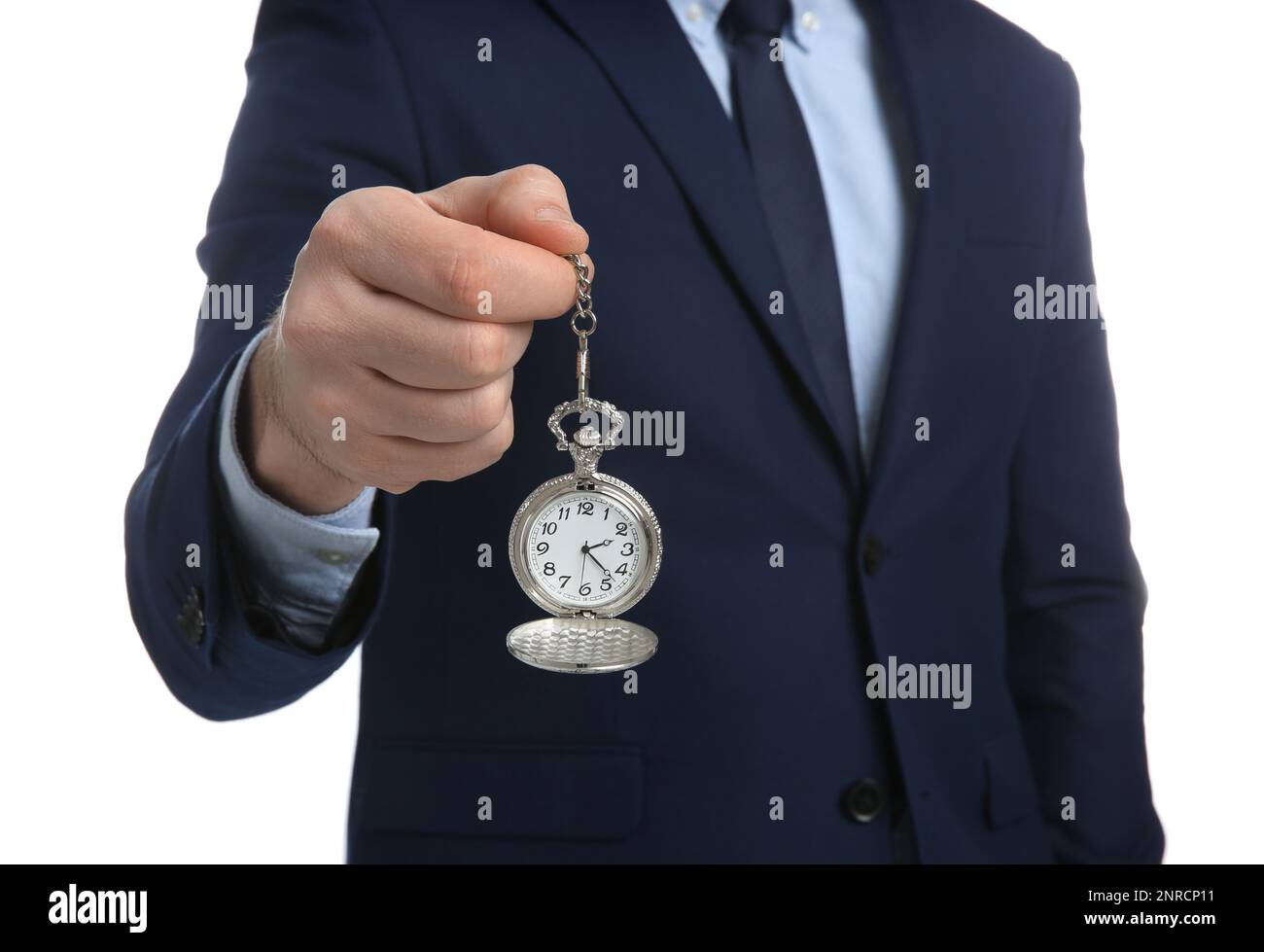 Businessman holding pocket watch on white background, closeup. Time ...