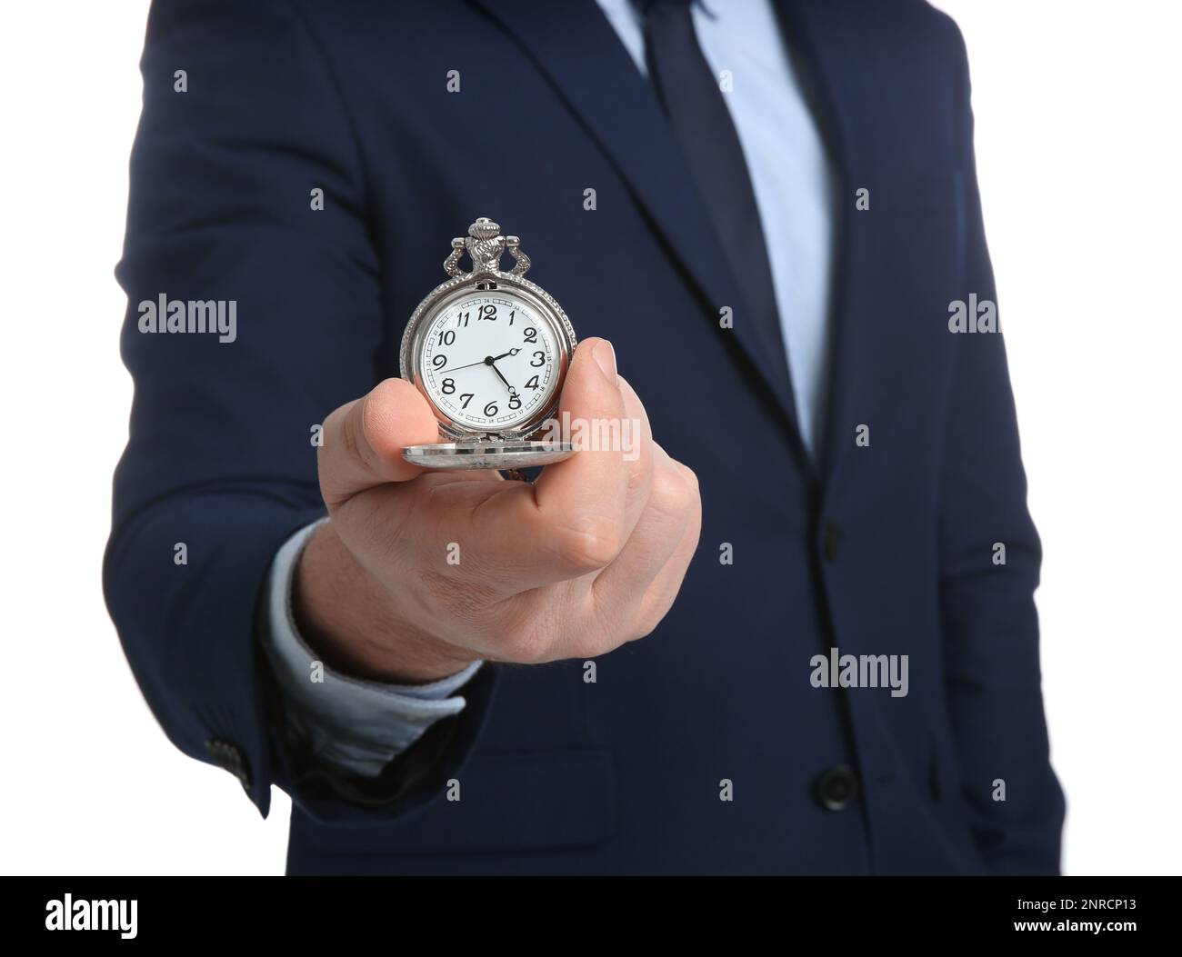 Businessman holding pocket watch on white background, closeup. Time ...